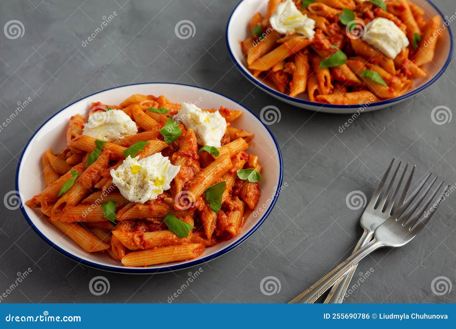 Homemade Penne Alla Vodka with Bacon, Cheese and Basil Stock Photo ...