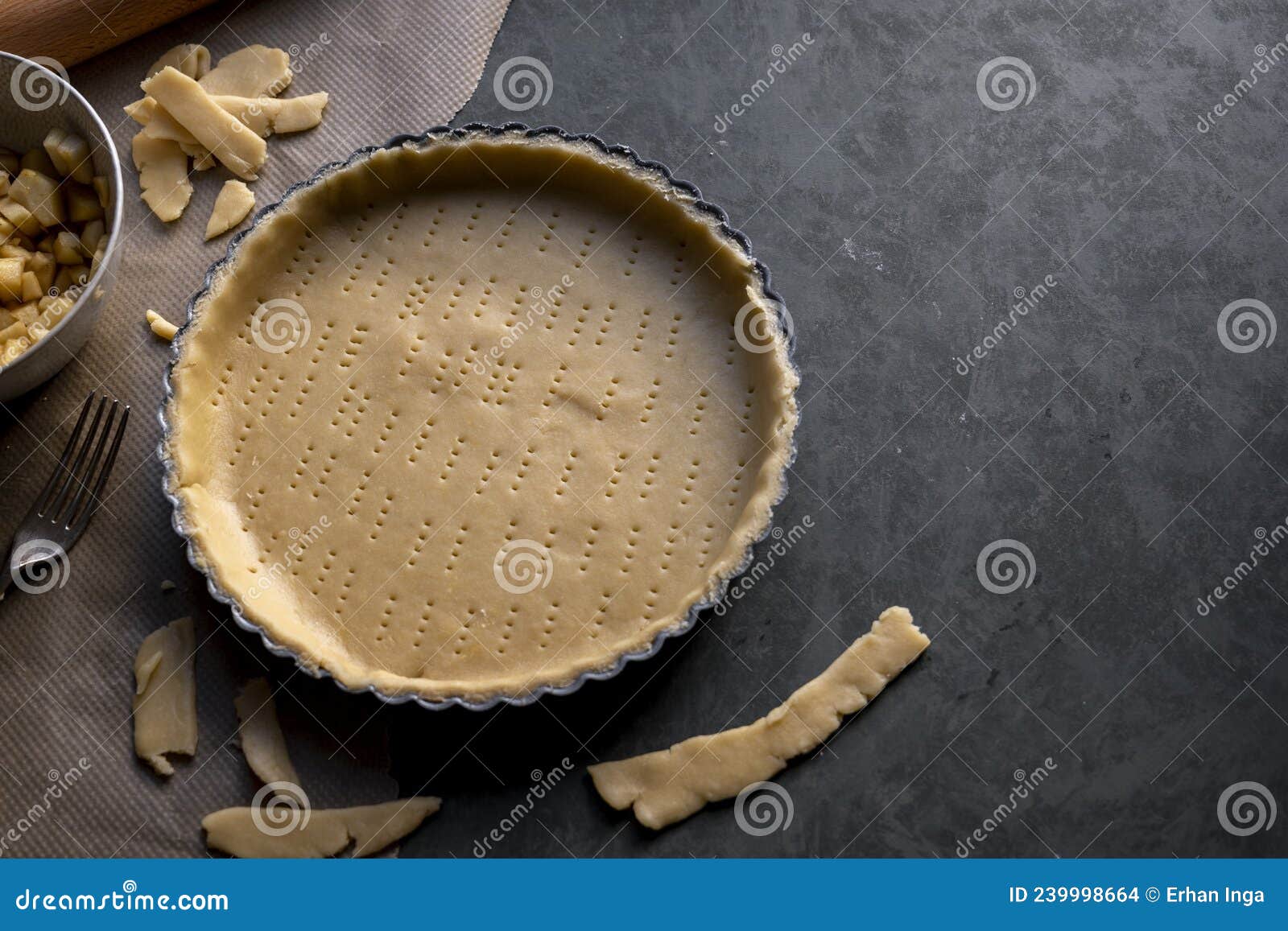 Homemade Pie Crust in Pie Plate. Cooking Apple Pie, Dark Background ...