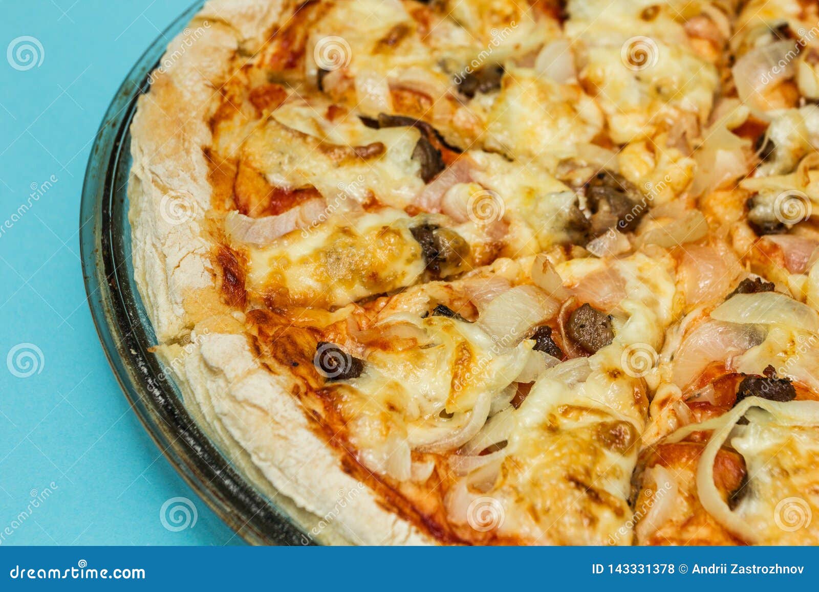 Homemade Pizza on a Blue Background Stock Photo - Image of closeup ...
