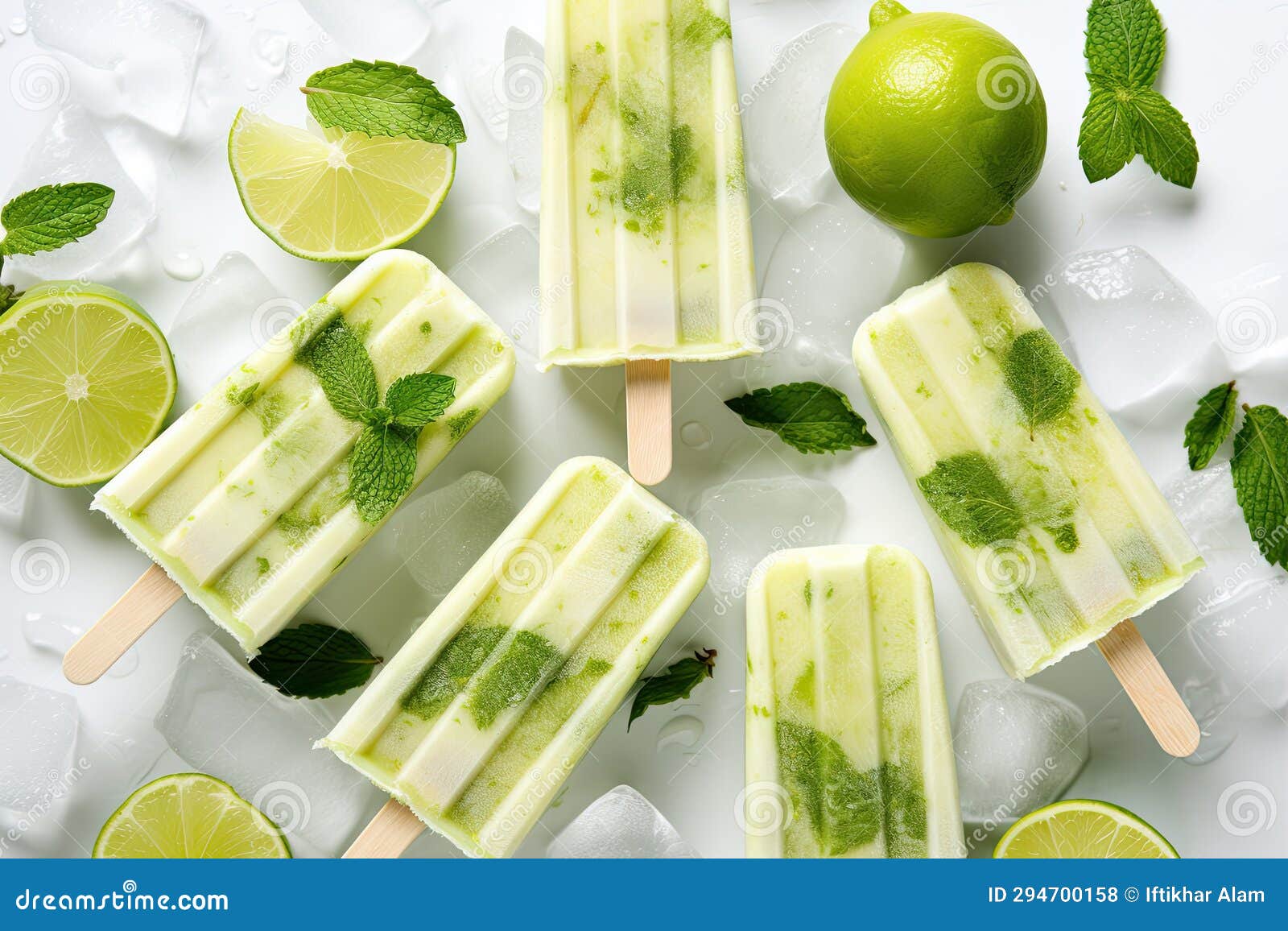 Homemade Popsicles With Lime And Mint On White Background, Top View ...