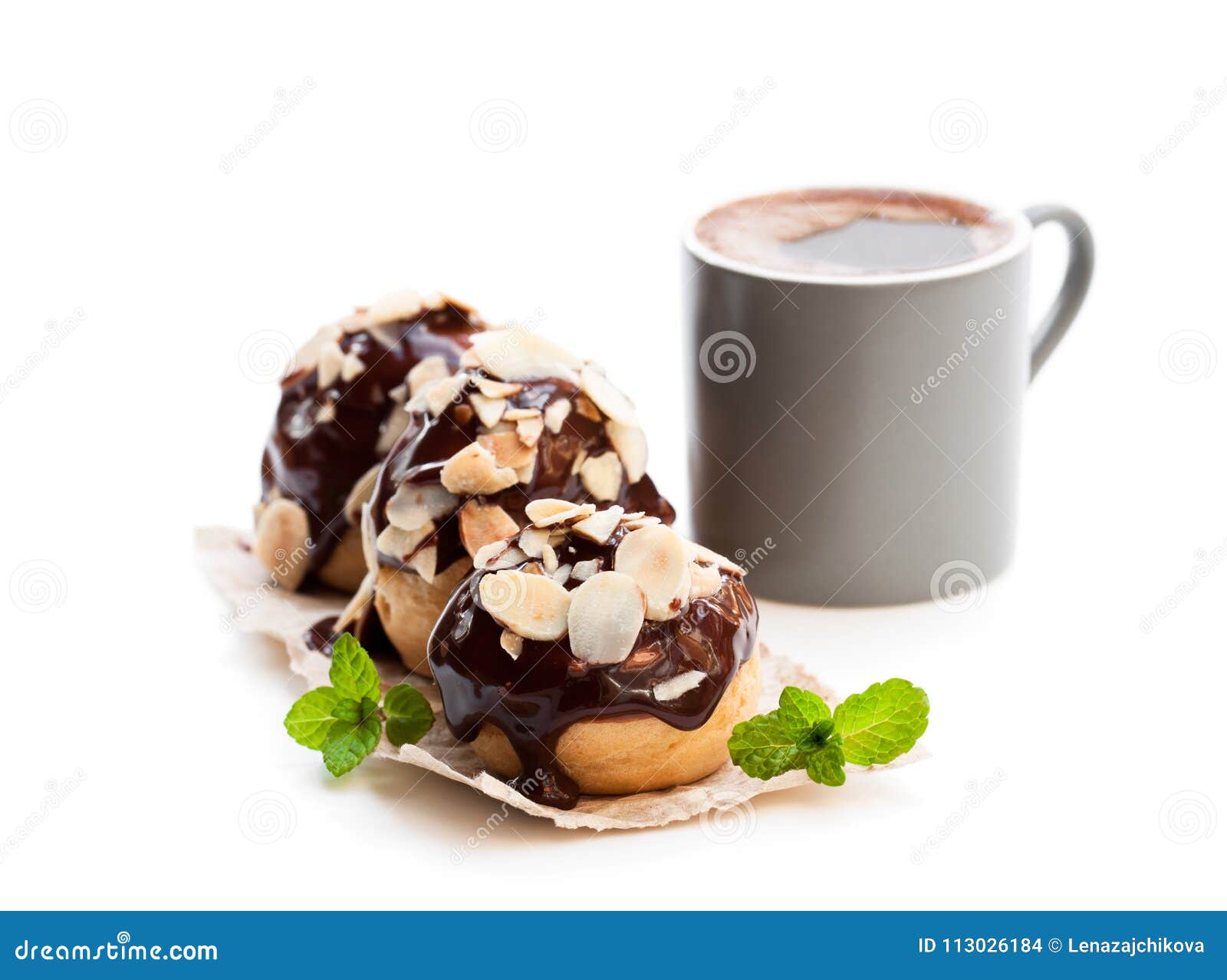Homemade Profiteroles with Cup of Coffee Isolated on White Stock Photo ...