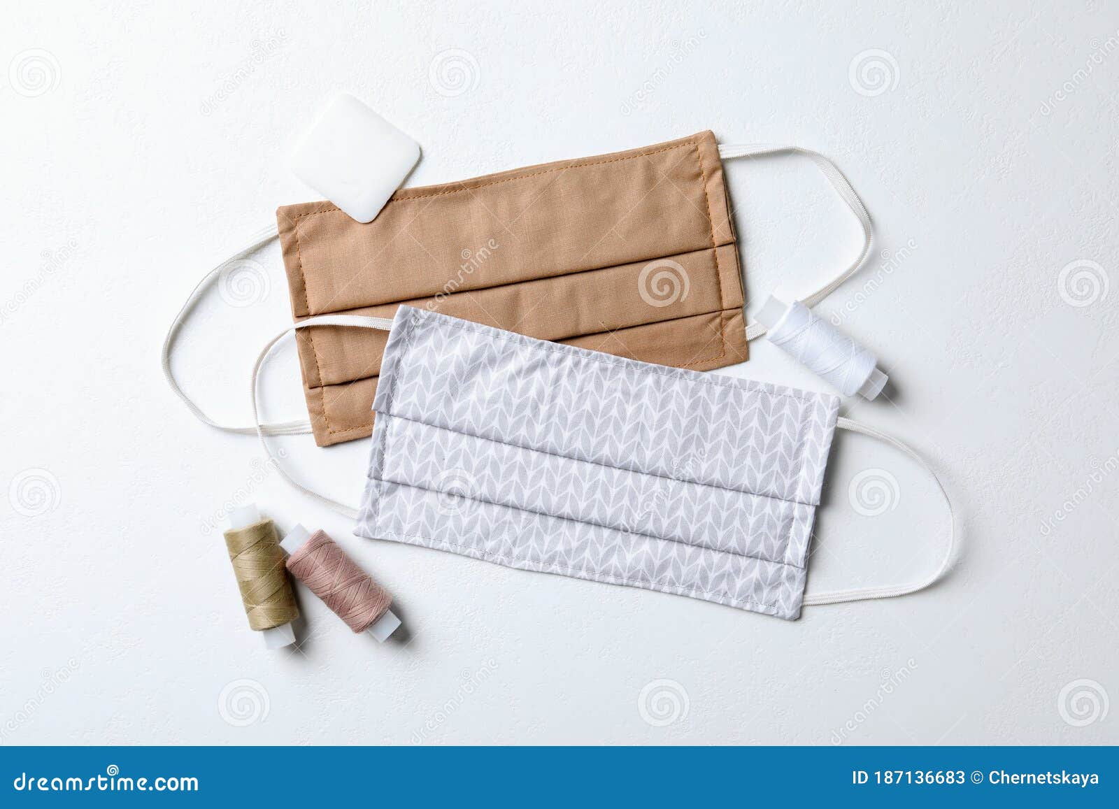 Homemade Protective Masks, Threads and Tailor`s Chalk on Background ...