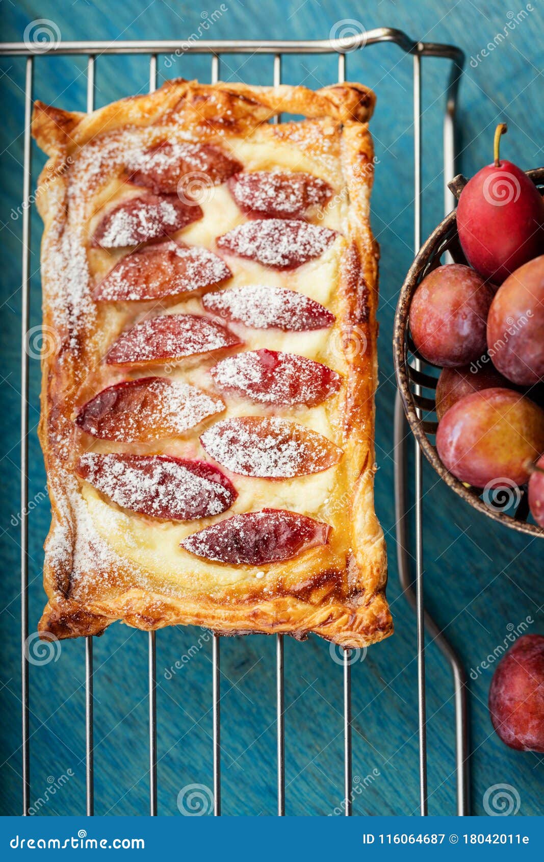 Homemade Puff Pastry Flan With Plums Delicious Rectangular Gale Stock Image Image Of Powder