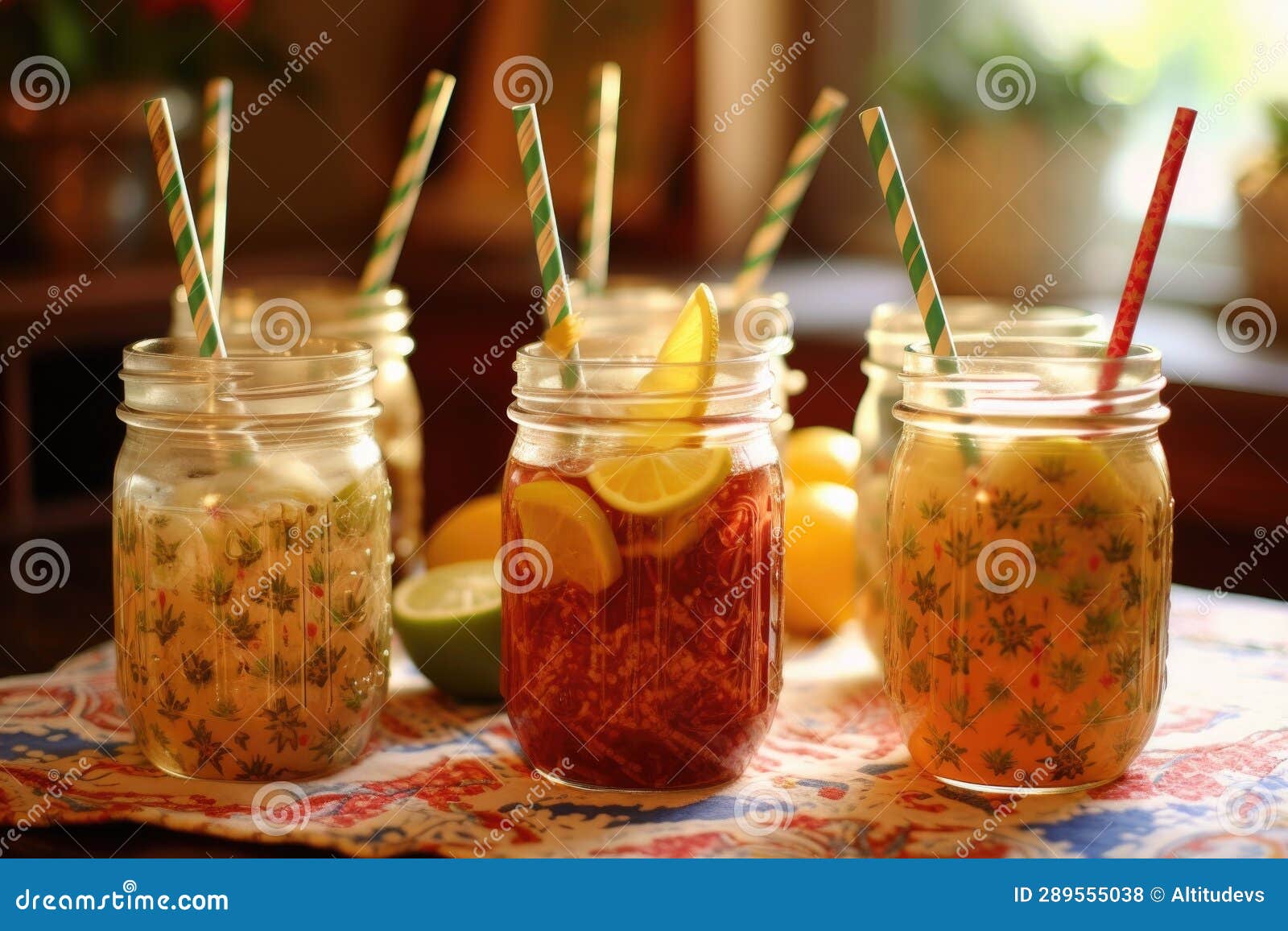 Homemade Punch in Mason Jars with Patterned Straws Stock Photo - Image ...