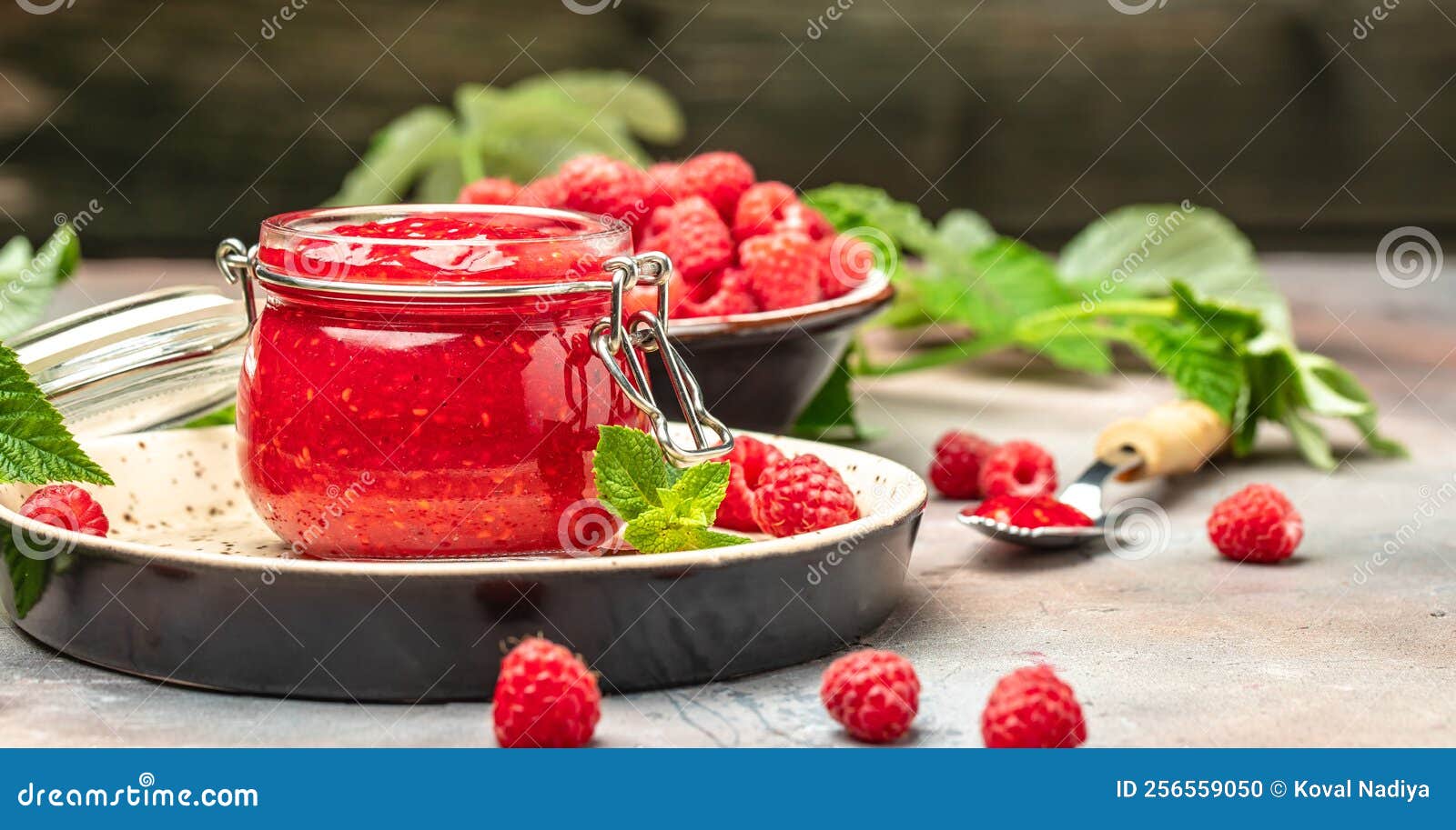 Homemade Raspberry Jam in Jar with Raspberries and Mint. Long Banner ...