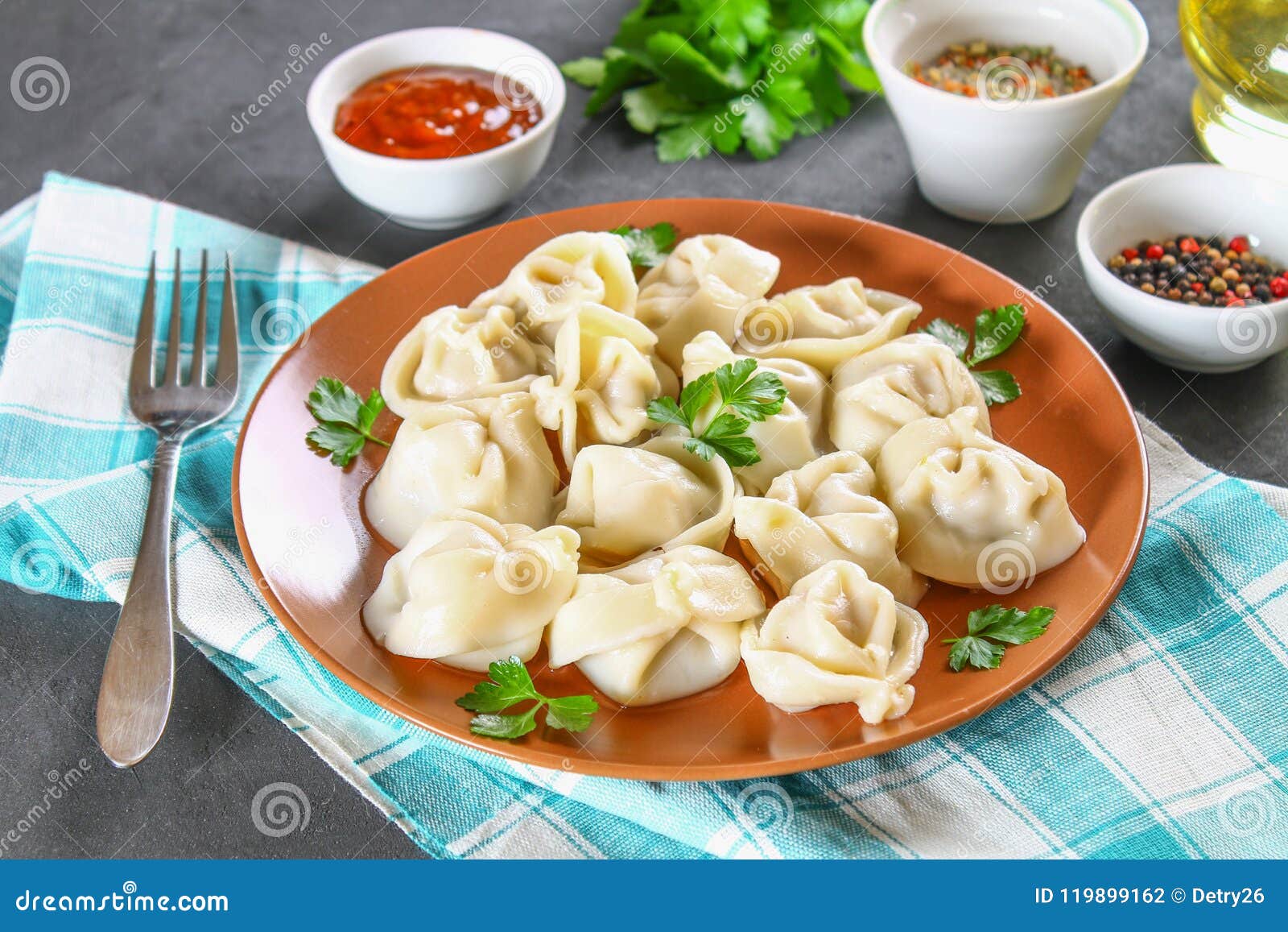 Homemade Ready Dumplings on a Gray Concrete Table. Stock Photo - Image ...