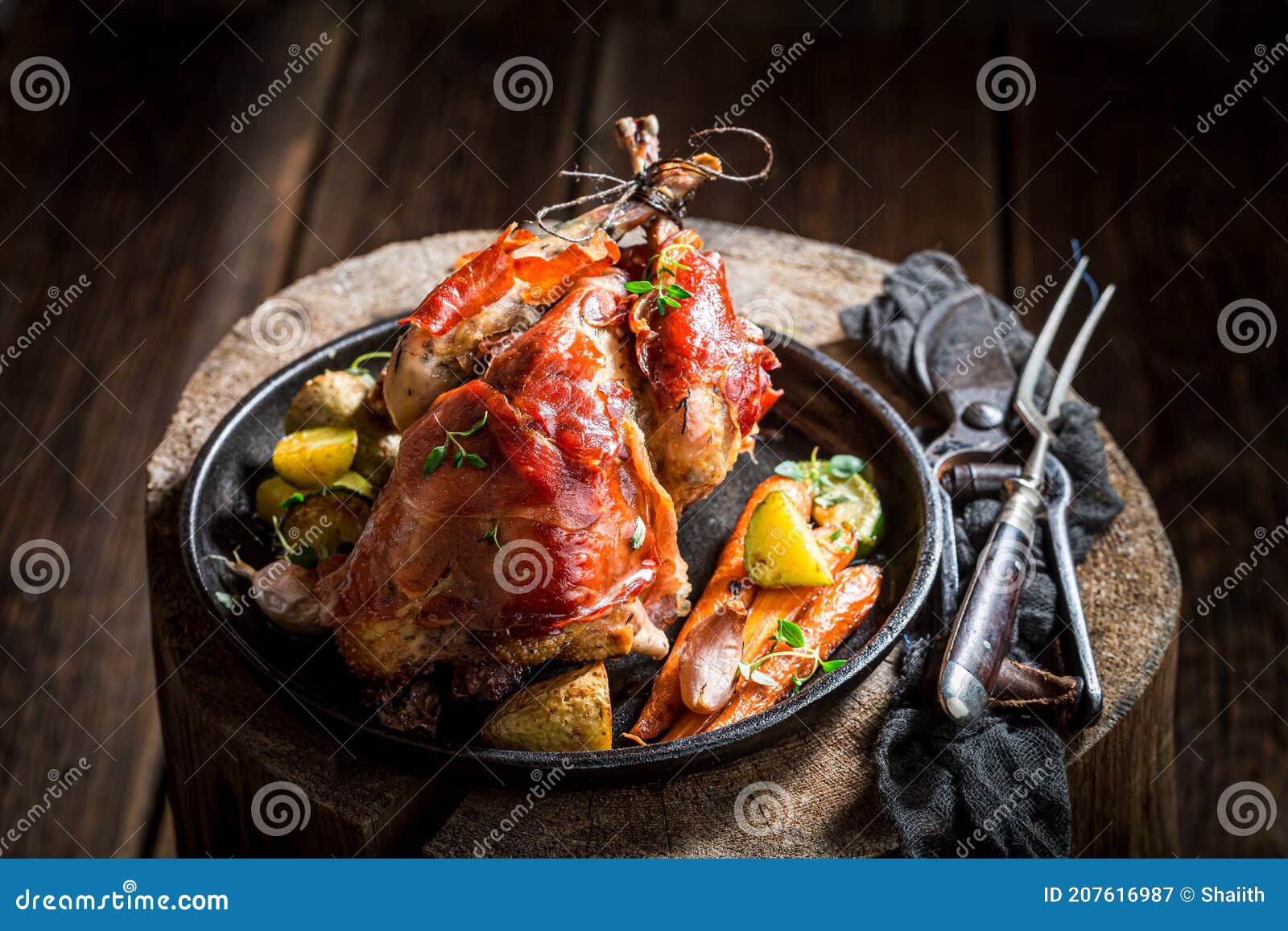 Roasted Pheasant with Vegetables, Bacon and Herbs Stock Image - Image ...