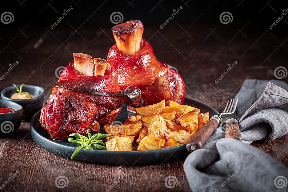 Homemade Roasted Pork Knuckle Served with Mustard on Plate Stock Photo ... Homemade Roasted Pork Knuckle Served with Mustard on Plate Stock Photo ...