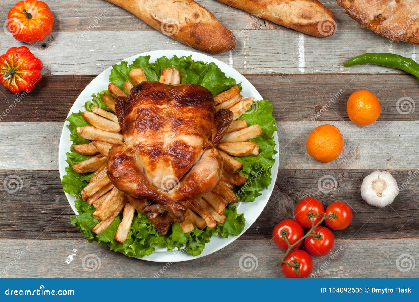 Homemade Roasted Whole Turkey On Wooden Table For Thanksgiving Stock