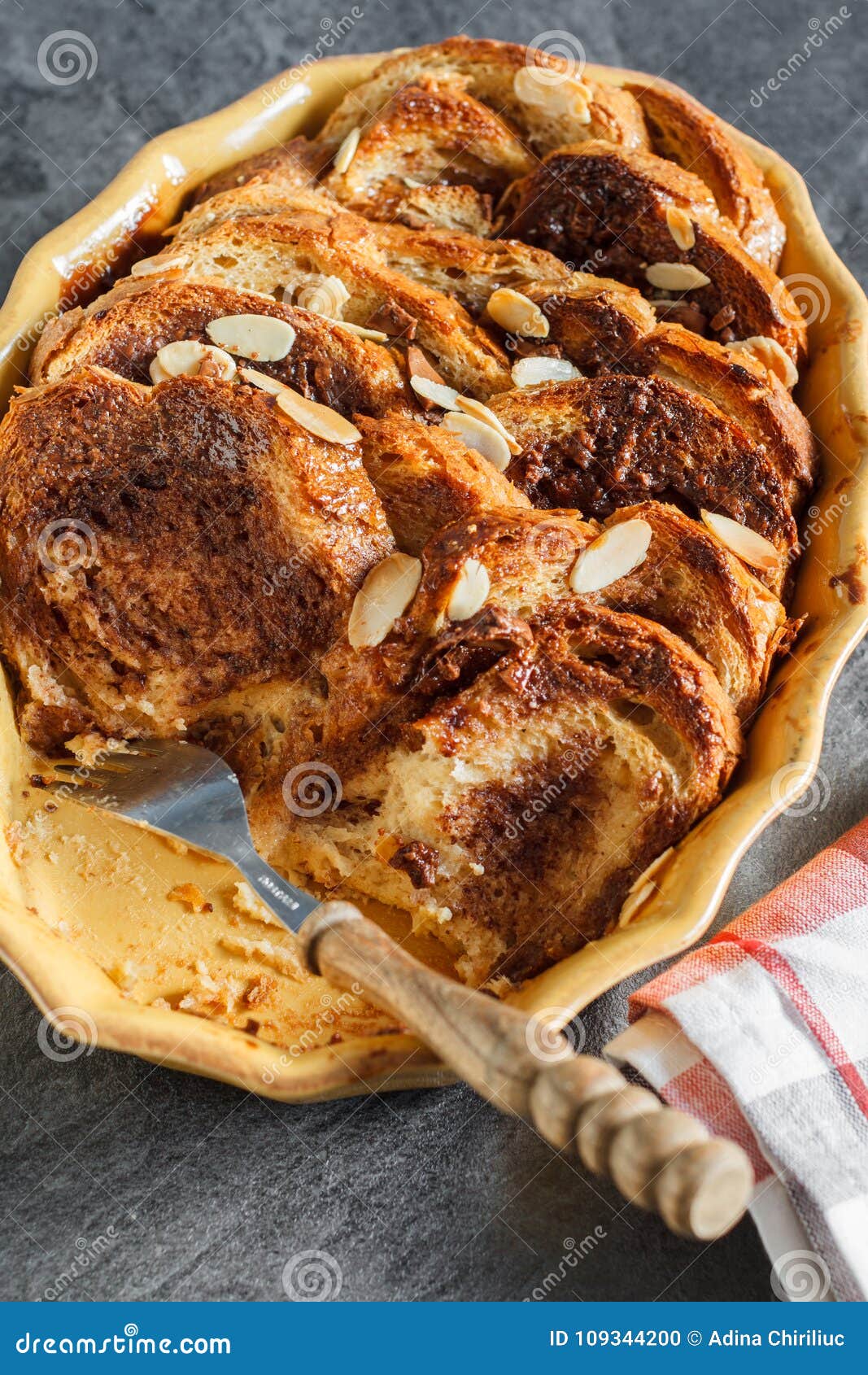 Homemade Rustic Bread Pudding with Chocolate and Almonds Stock Photo ...