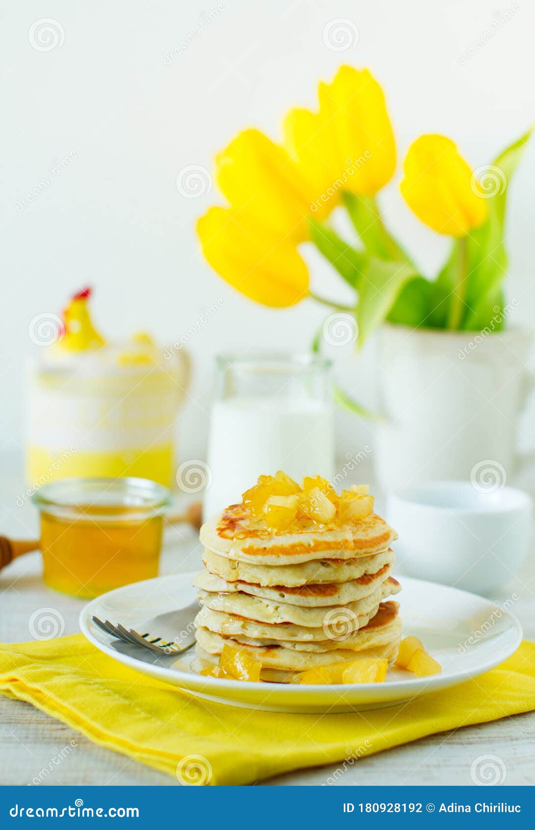 Homemade Rustic Pancakes Stack with Baked Apples and Walnuts Stock ...
