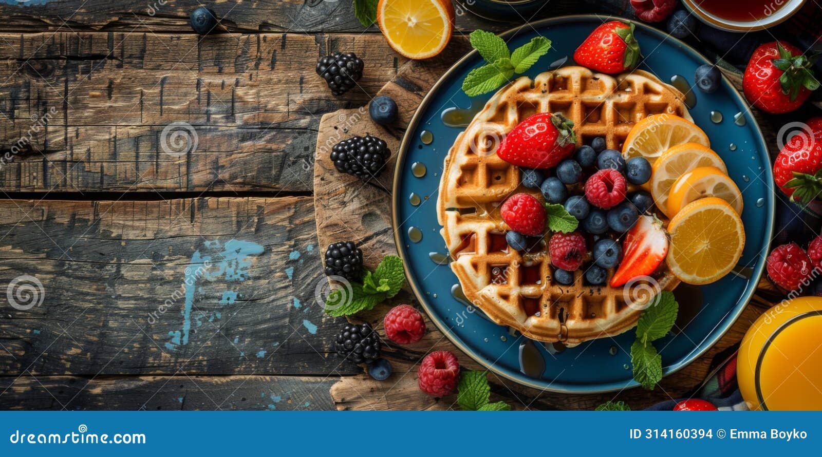 Homemade Square Waffles with Fresh Ripe Berries. View from Above ...