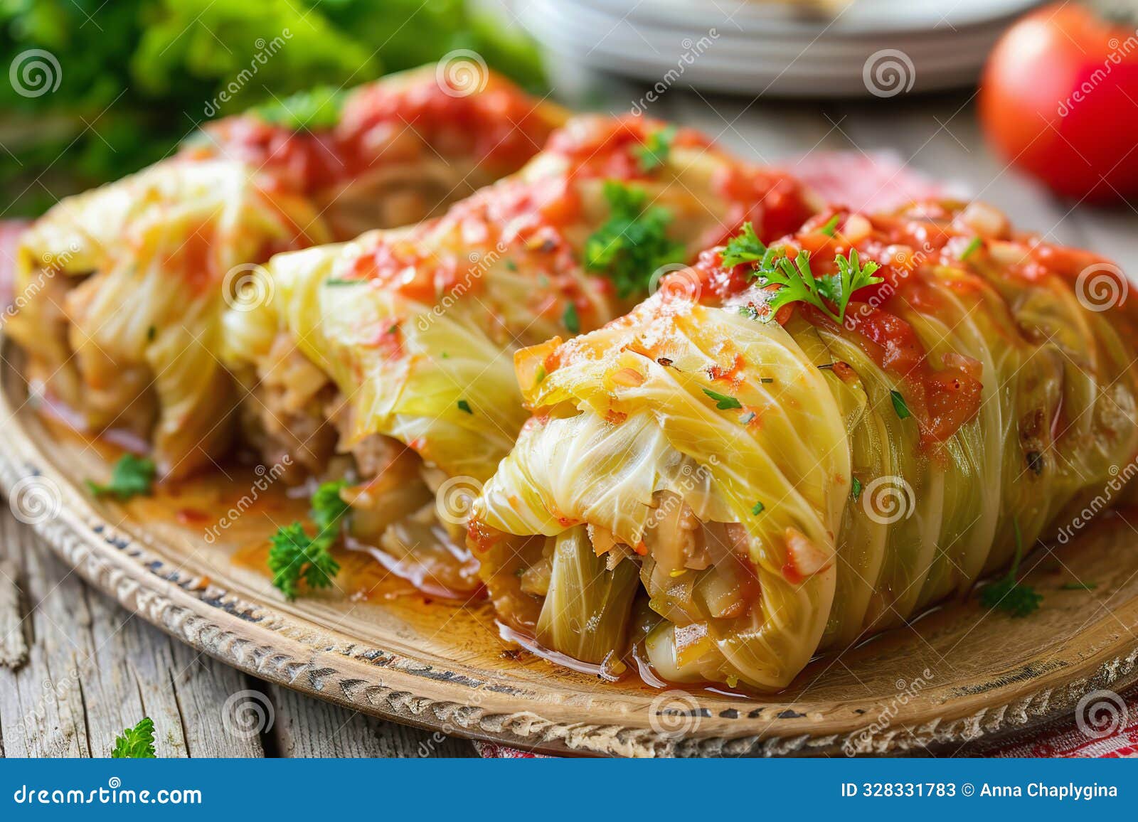 Homemade Stuffed Cabbage Rolls with Tomato Sauce on Rustic Table Stock ...