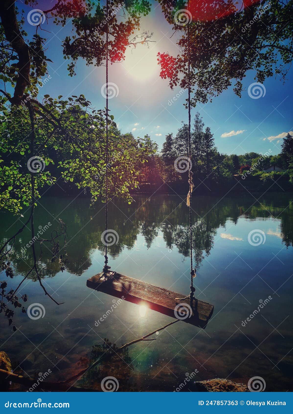 Homemade Swing Over the River. the Sun is Reflected in the Water Stock ...