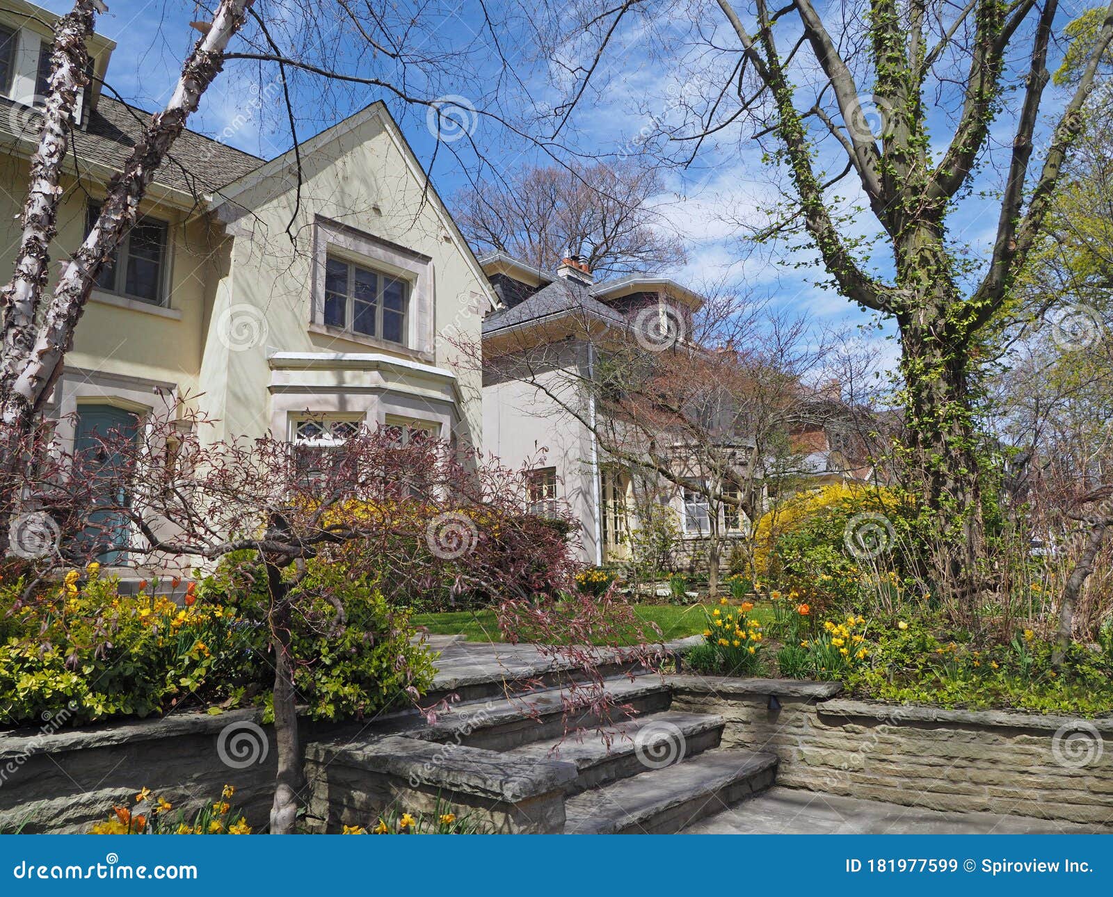 Homes with Front Yards with Spring Flowers Stock Image - Image of ...