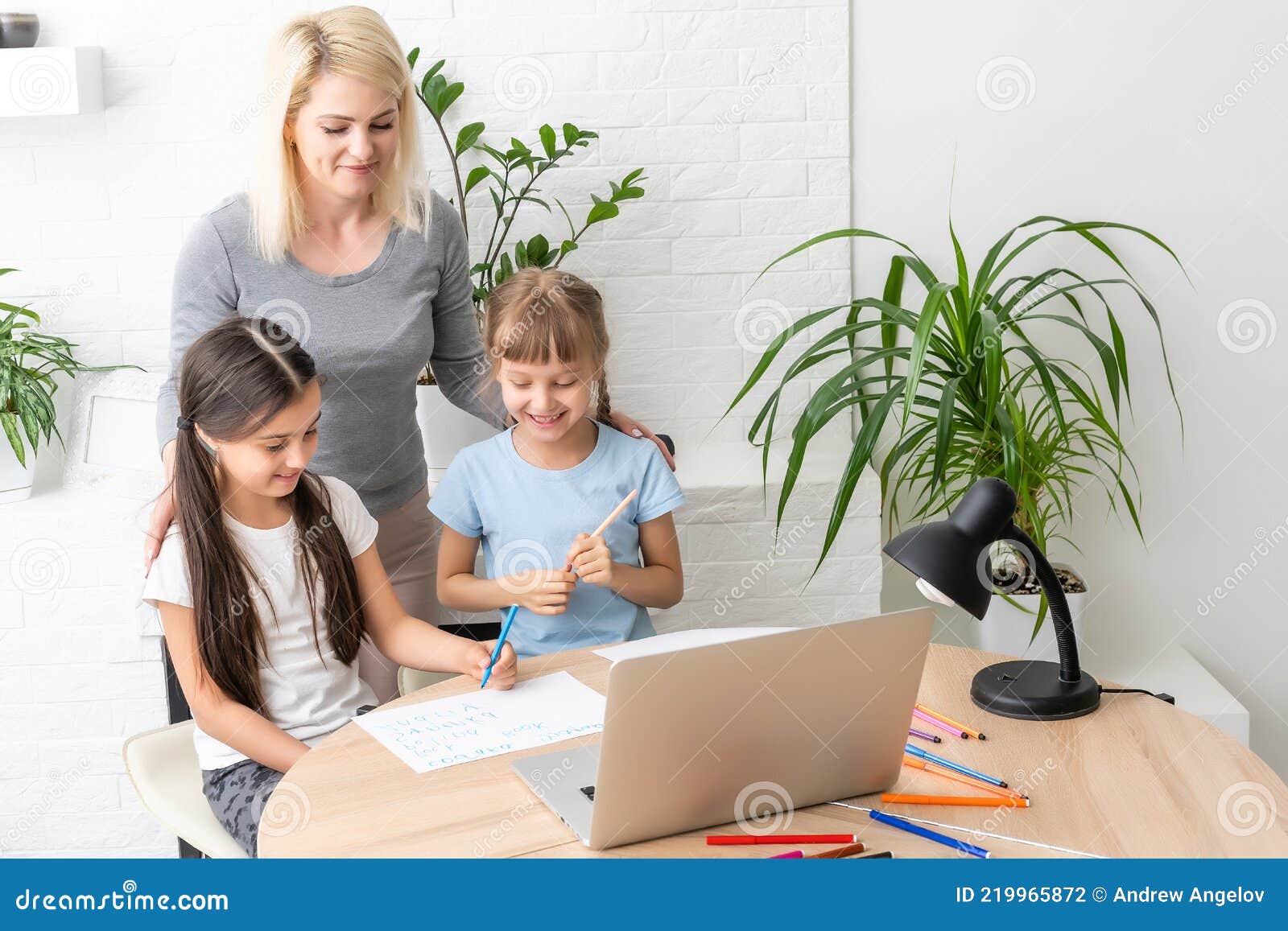 Homeschool Young Two Little Daughters Learning Internet Online Do ...