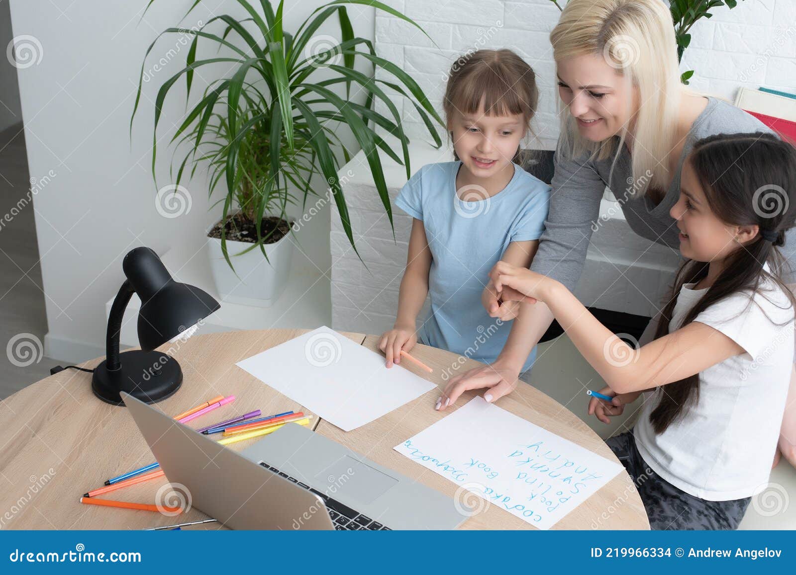 Homeschool Young Two Little Daughters Learning Internet Online Do ...