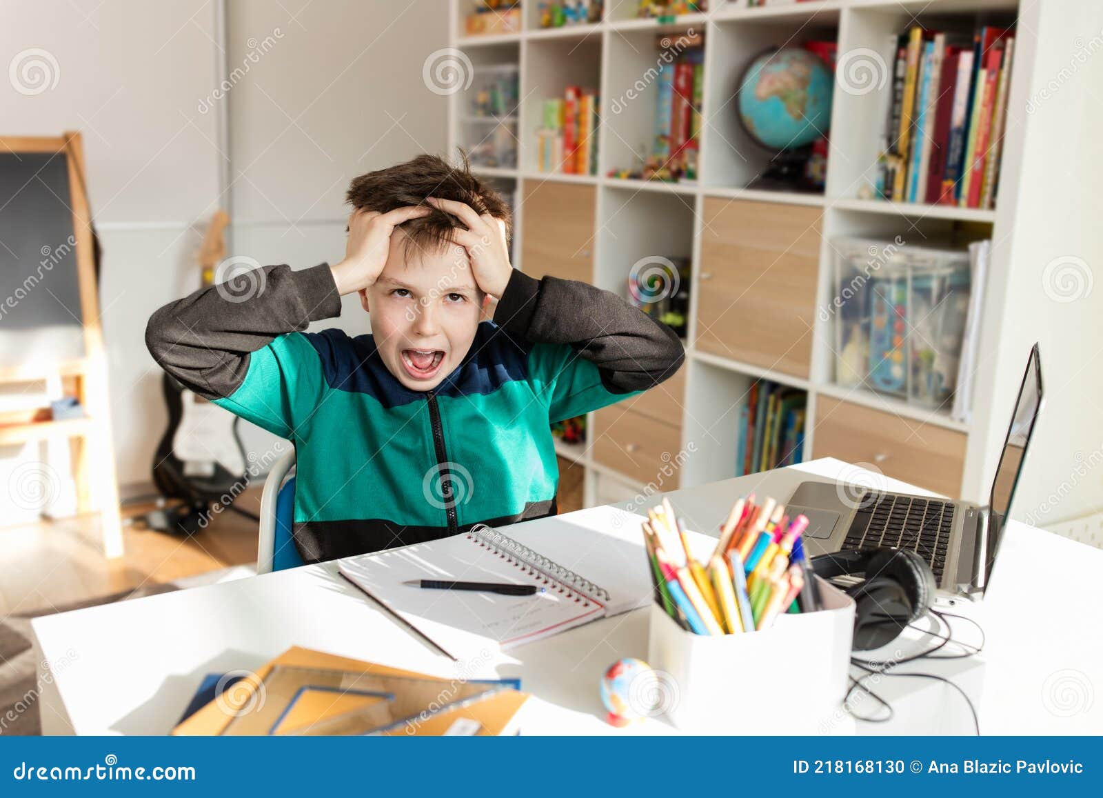 Homeschooled Boy Under Stress Stock Photo - Image of home, laptop ...