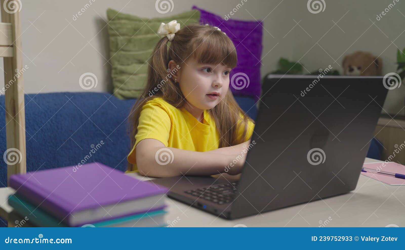 Homeschooled Child Does Lessons on Laptop Remotely, Studying School ...