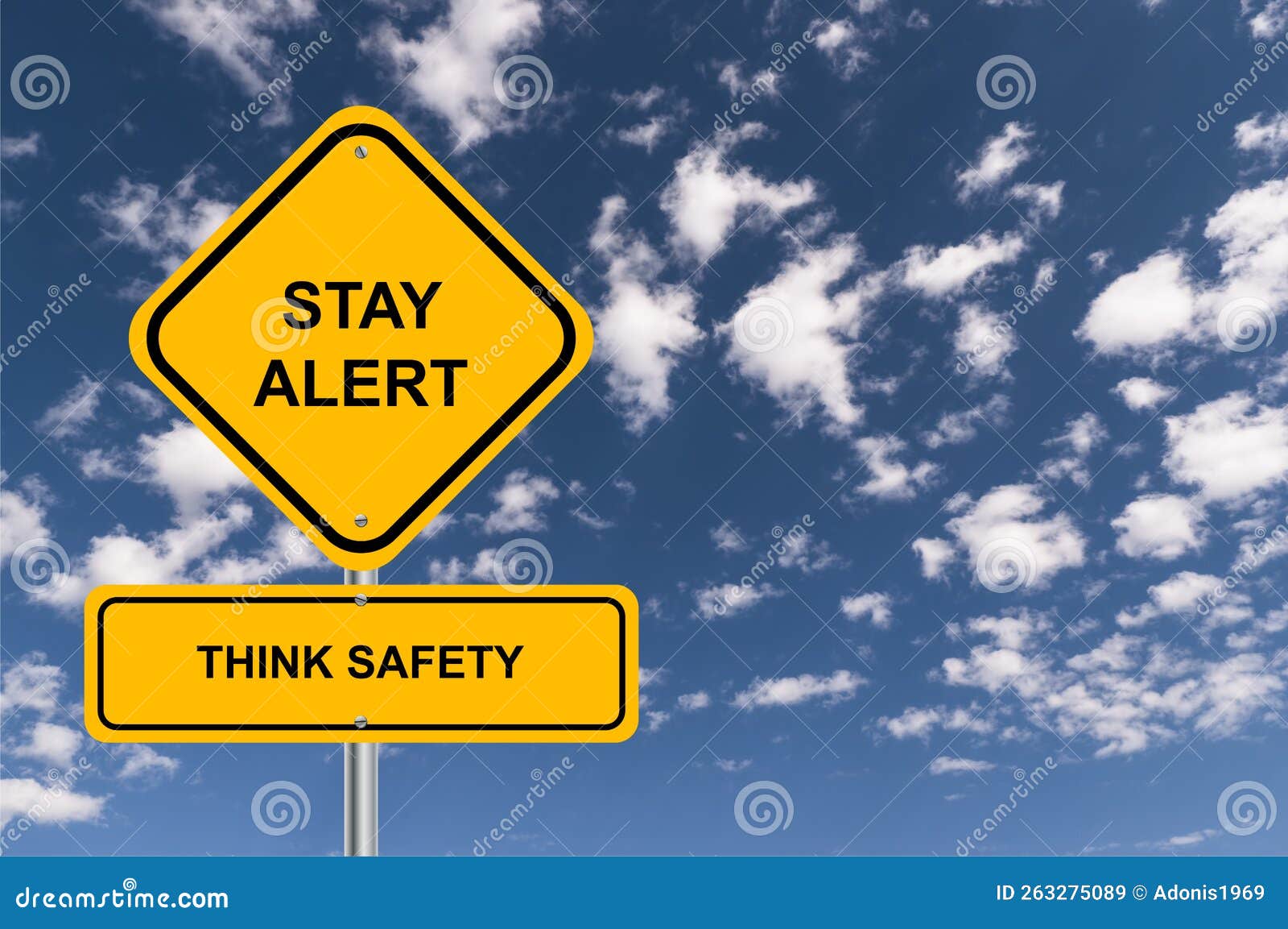 Stay Alert Think Safety Traffic Sign on Blue Sky Stock Image - Image of ...