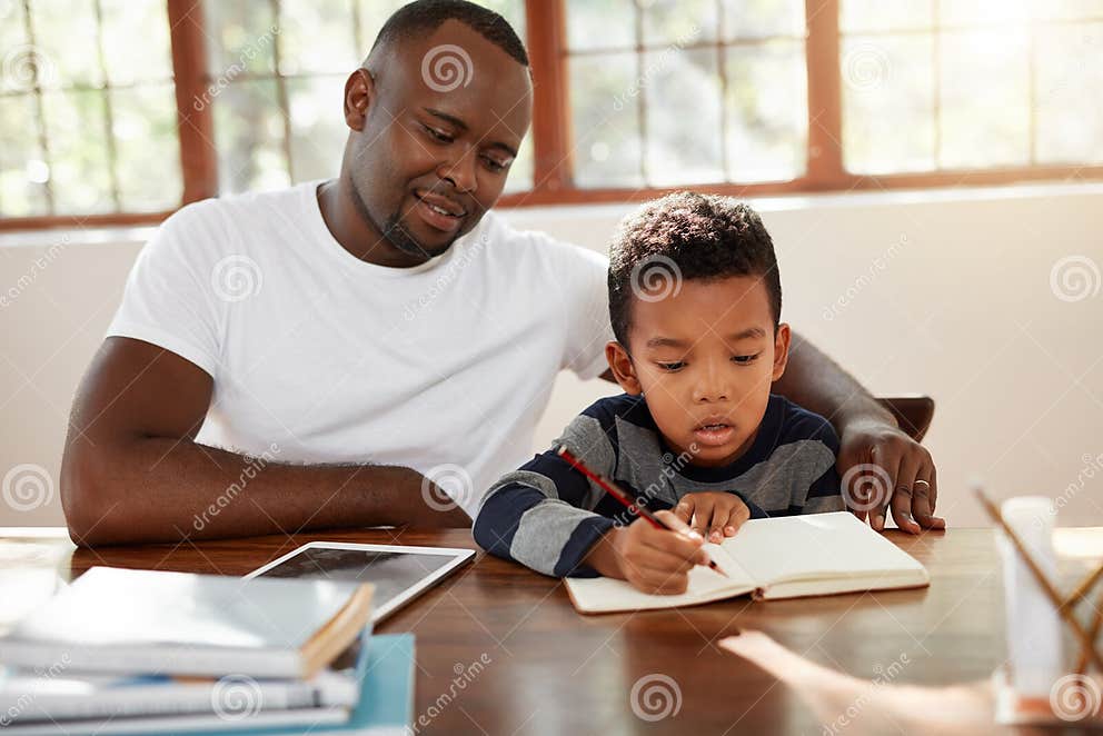 Homework, Help and Black Man with Child and Writing Help in Family Home ...