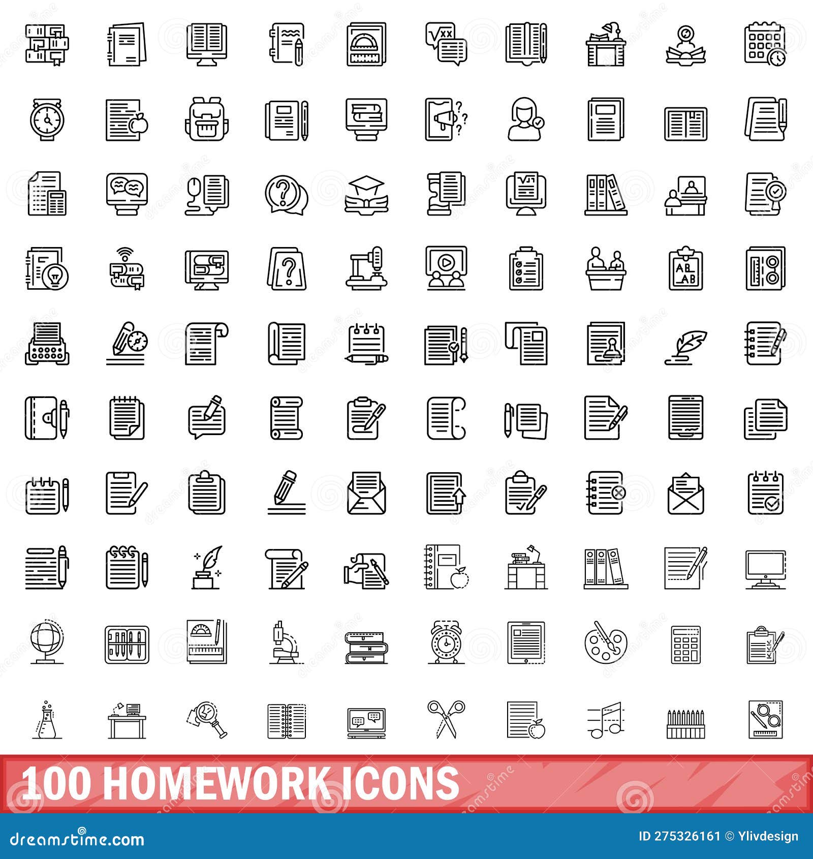 100 Homework Icons Set, Outline Style Stock Vector - Illustration of ...