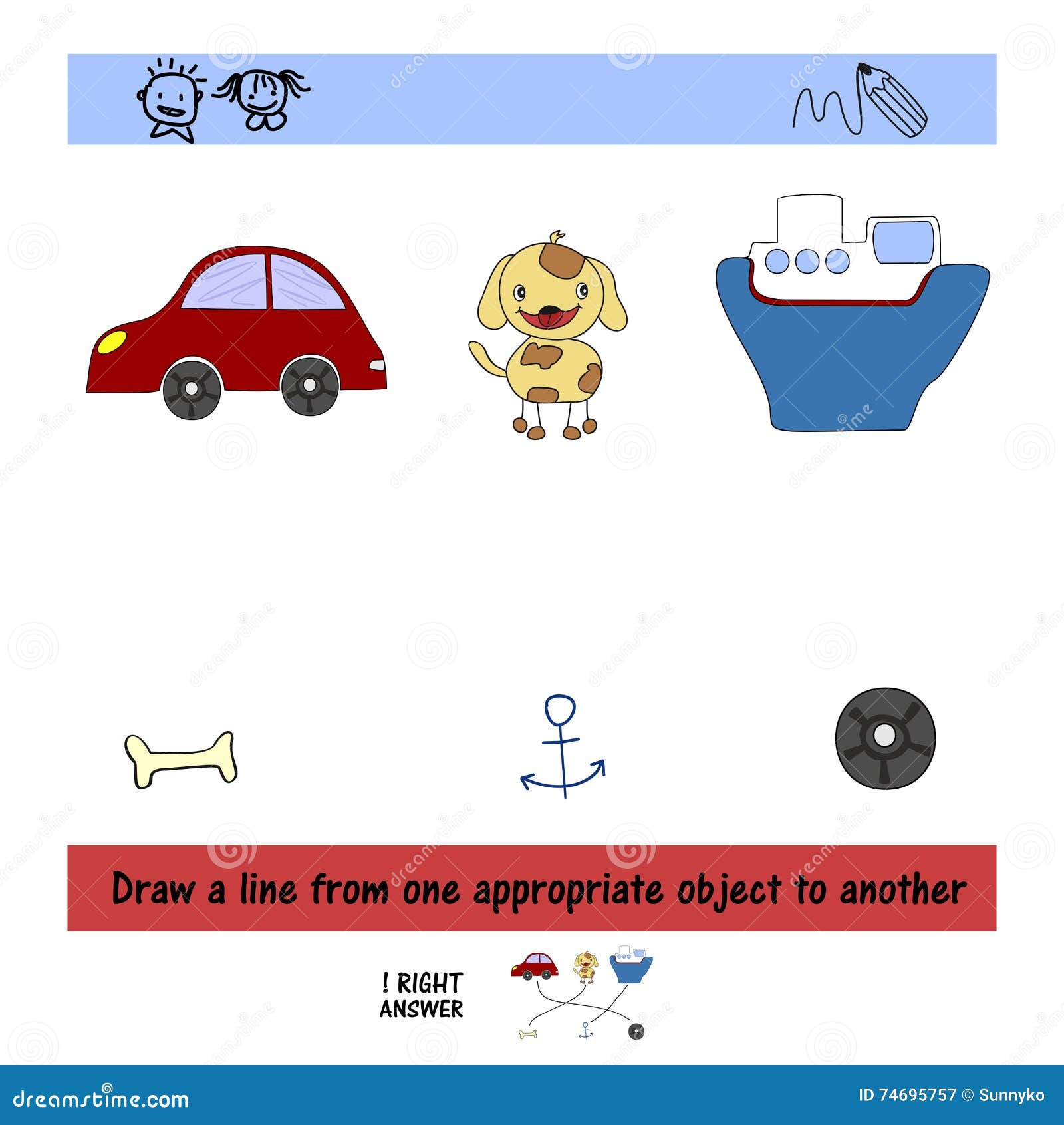 Homework for Kids How To Draw a Line between the Objects. Stock Vector ...