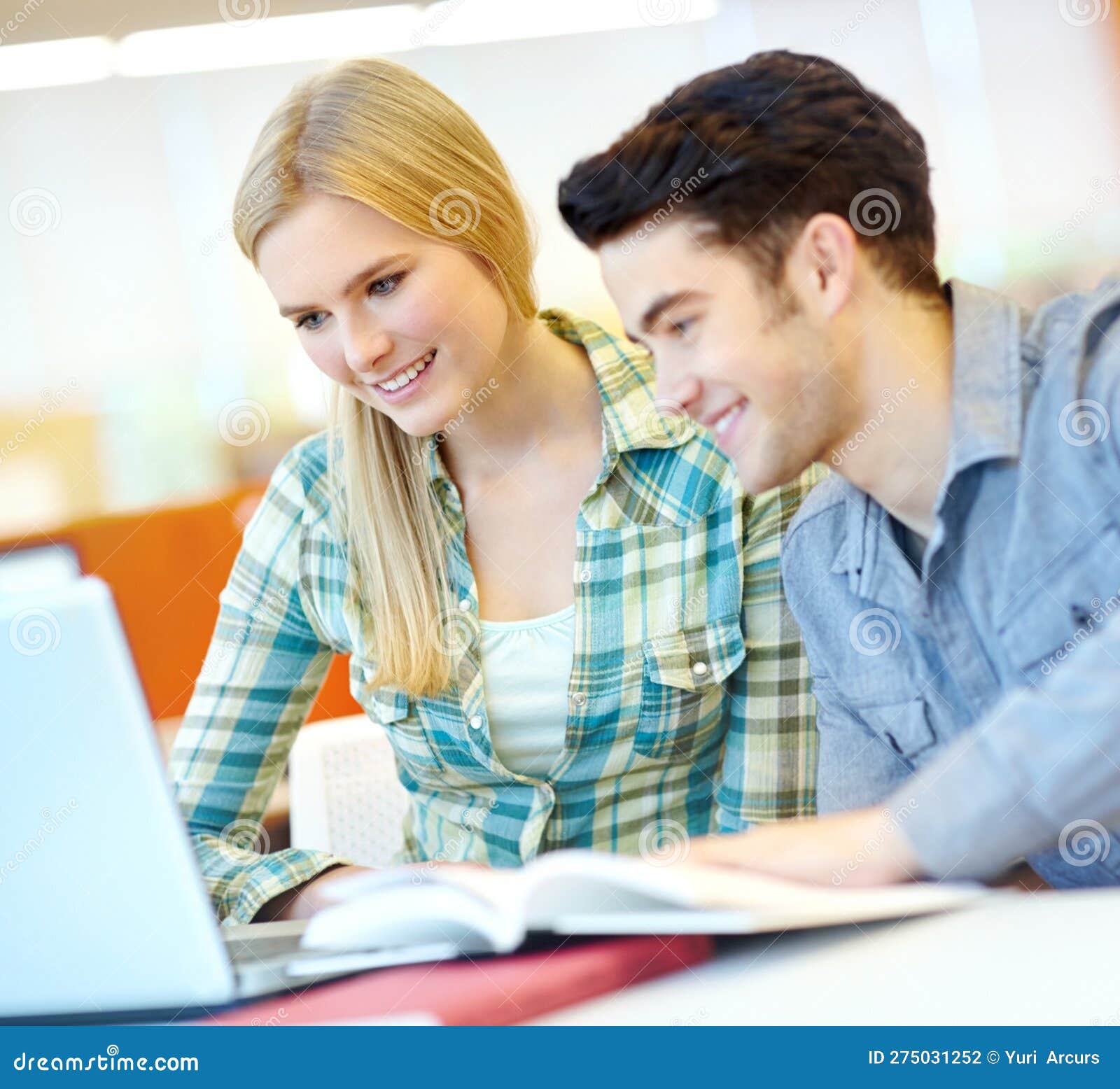 Homework in the Modern Age. Two Smiling Students Helping Each Other ...