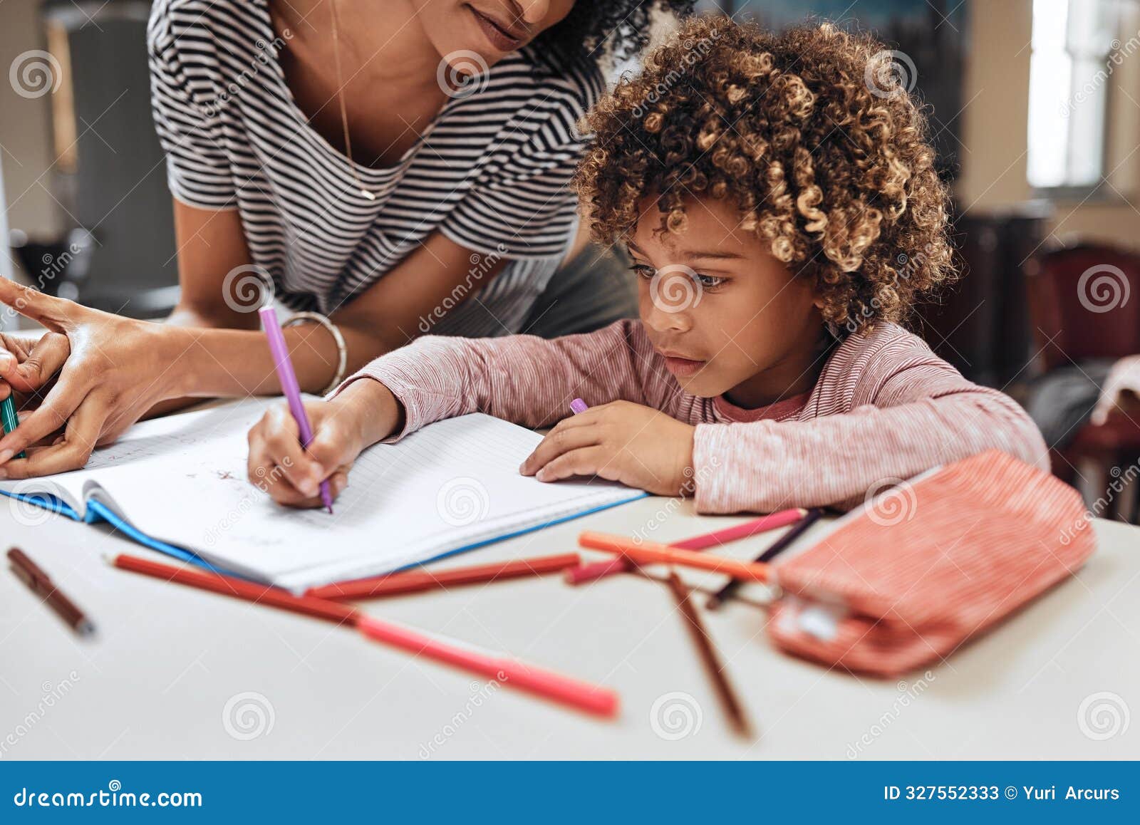 Homework, Mom and Child at Table for Writing, Teaching and Learning ...