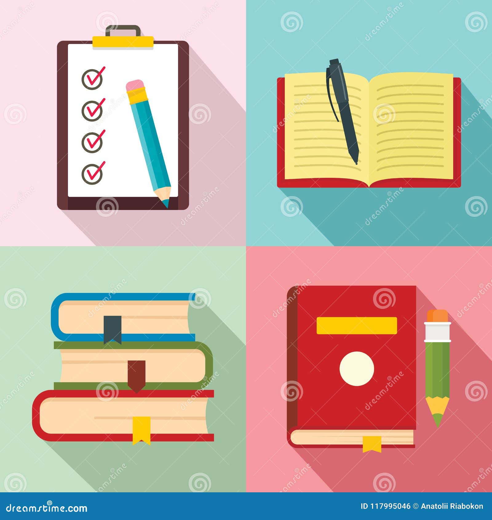 Homework Study School Icons Set, Flat Style Stock Vector - Illustration ...