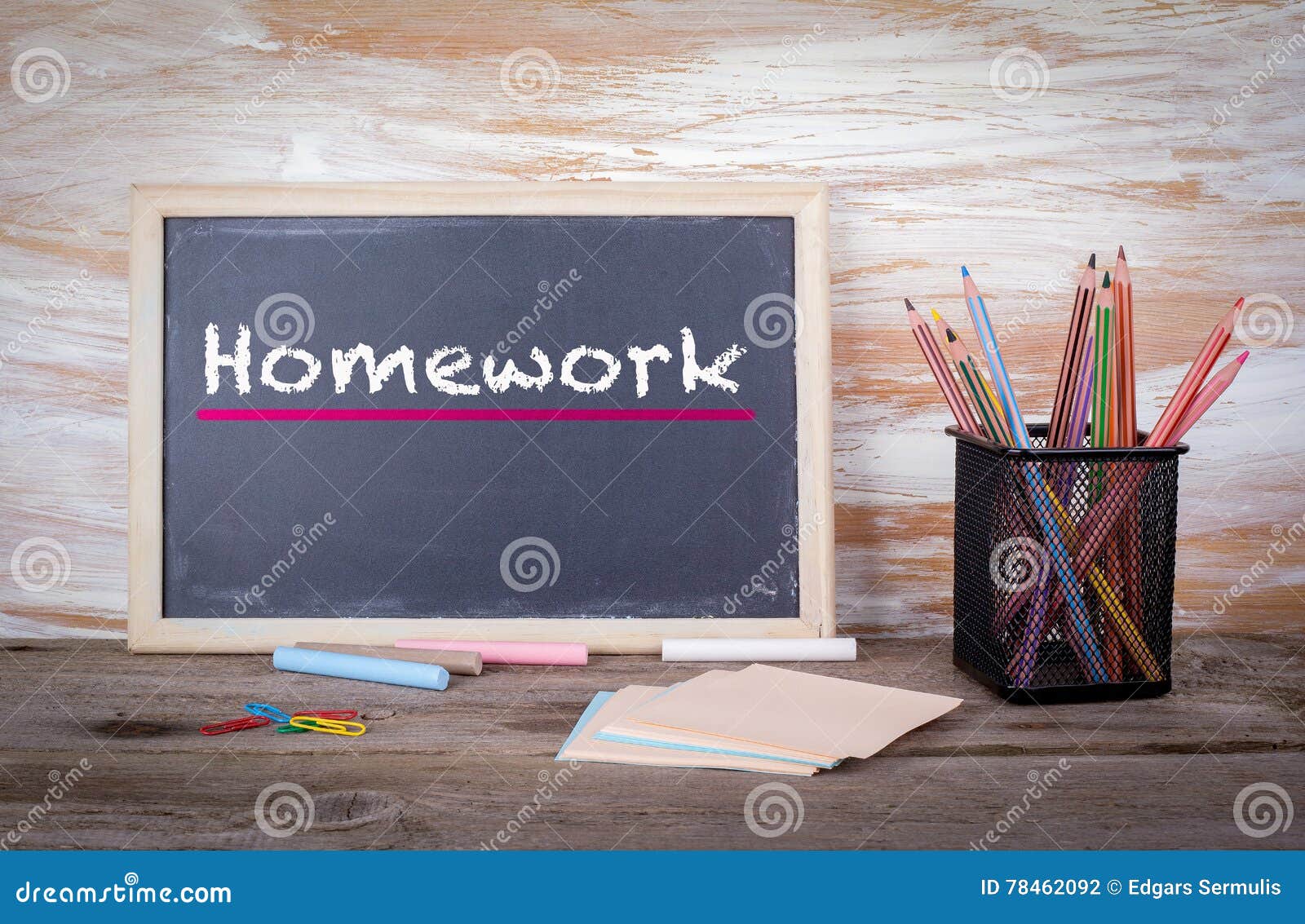 Homework Text on a Blackboard. Old Wooden Table with Texture Stock ...