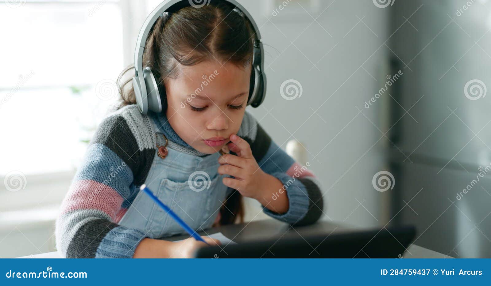 Homework, Thinking and Child with Headphones, Writing Exam and Learning ...