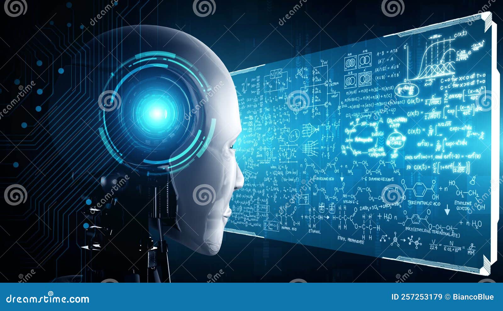 Hominoid AI Robot Looking at Hologram Screen in Concept of Math ...