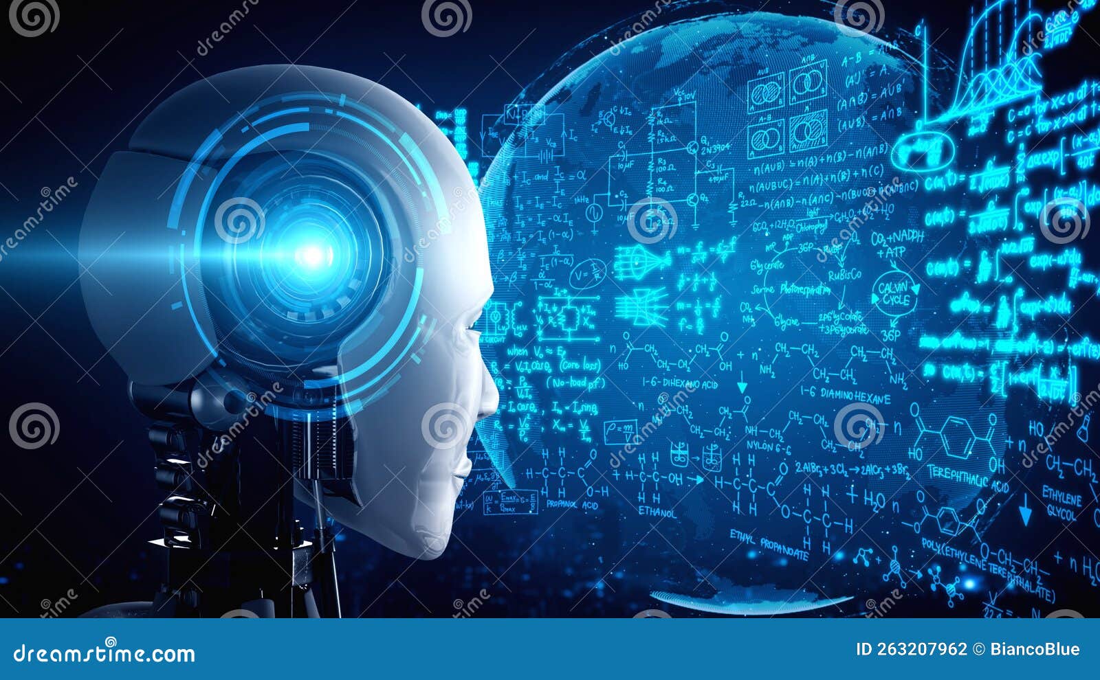 Hominoid AI Robot Looking at Hologram Screen in Concept of Math ...