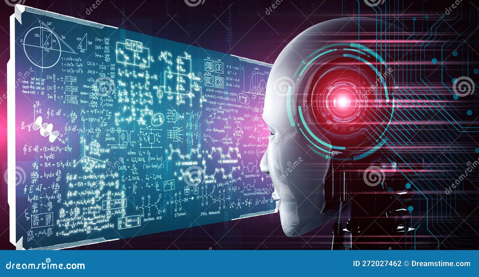 Hominoid AI Robot Looking at Hologram Screen in Concept of Math ...