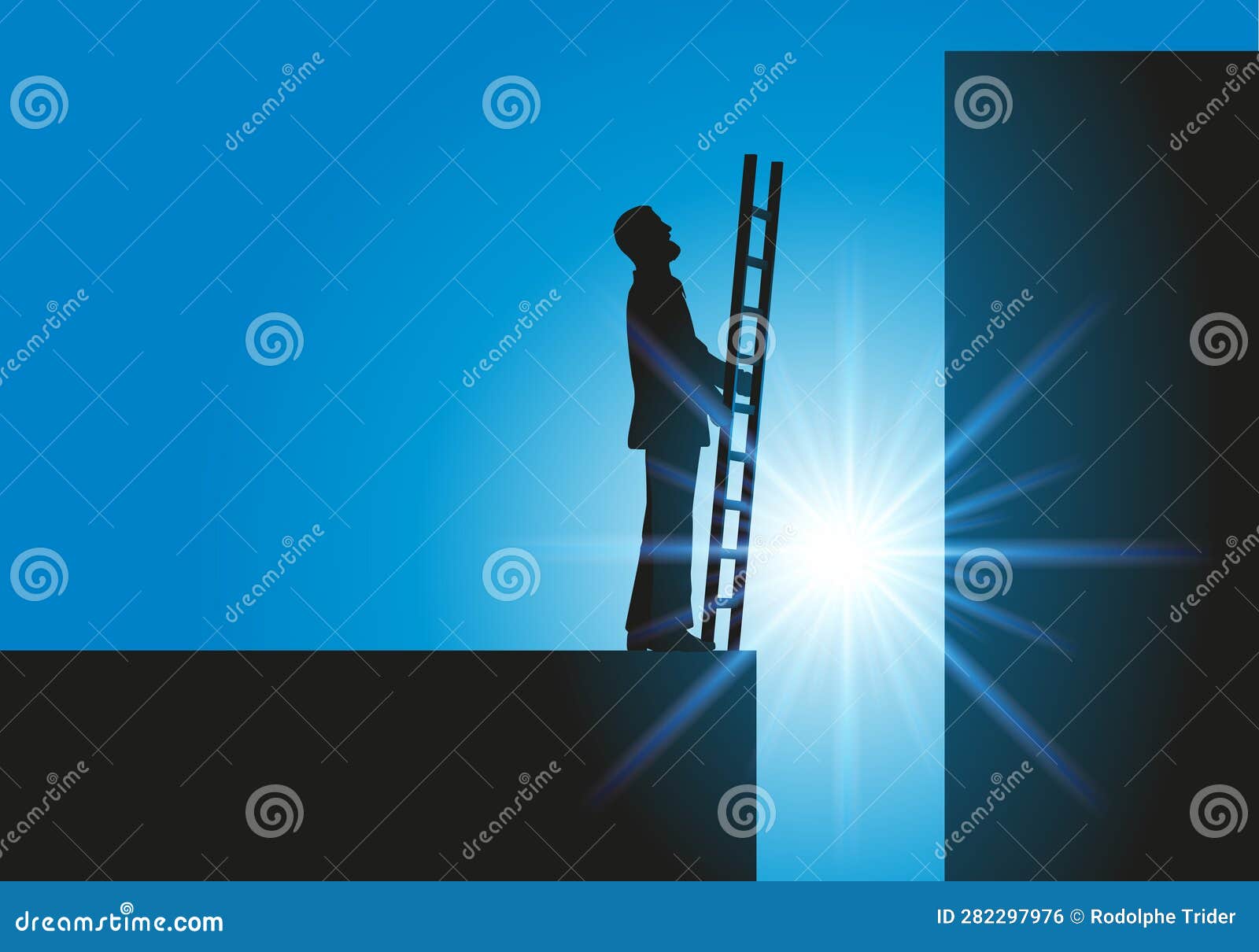 With a Ladder, a Man Finds a Way To Pass an Obstacle. Stock ...