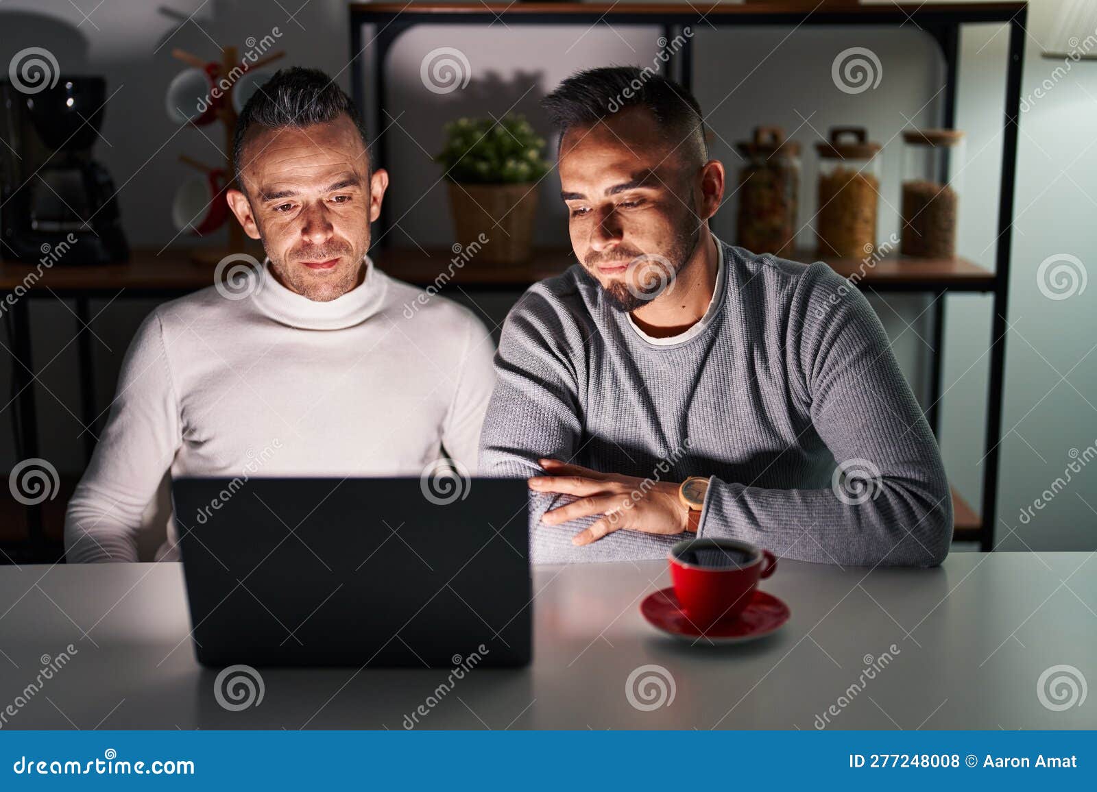 Homosexual Couple Using Computer Laptop Relaxed with Serious Expression ...