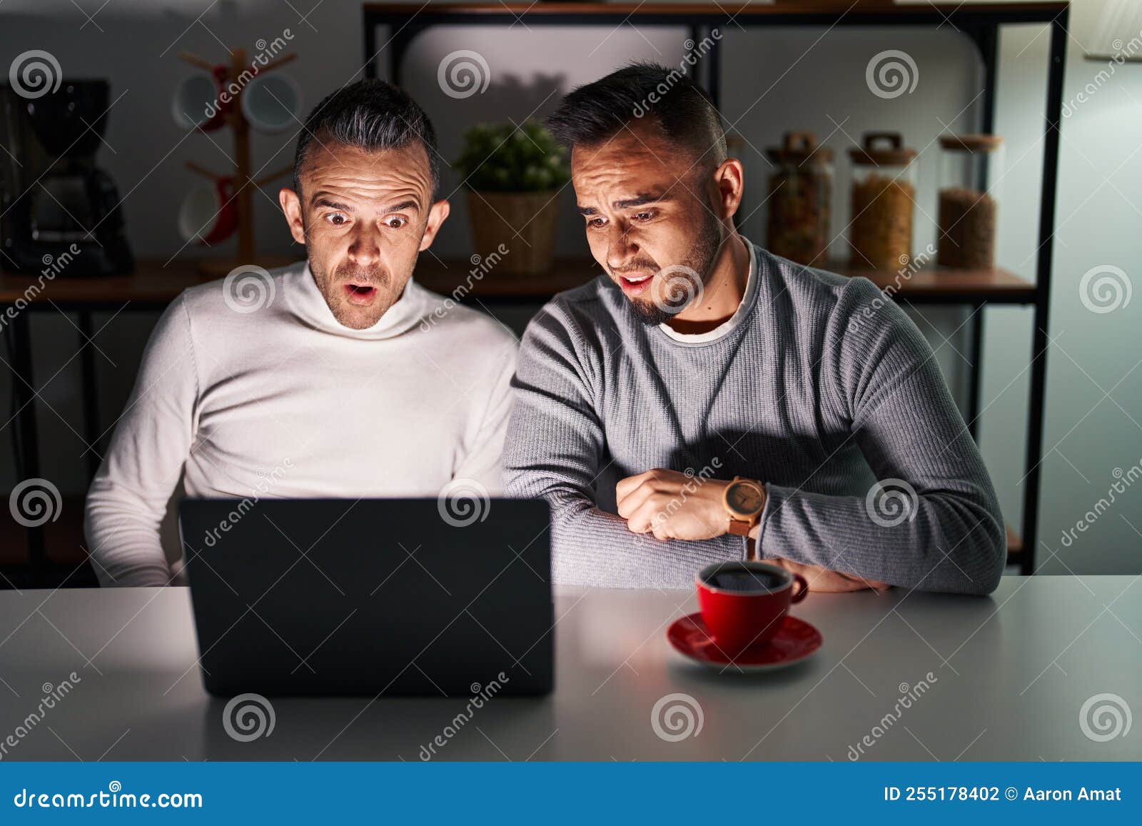 Homosexual Couple Using Computer Laptop in Shock Face, Looking ...