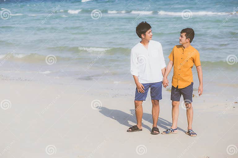 Homosexual Portrait Young Asian Couple Standing Together On Beach In