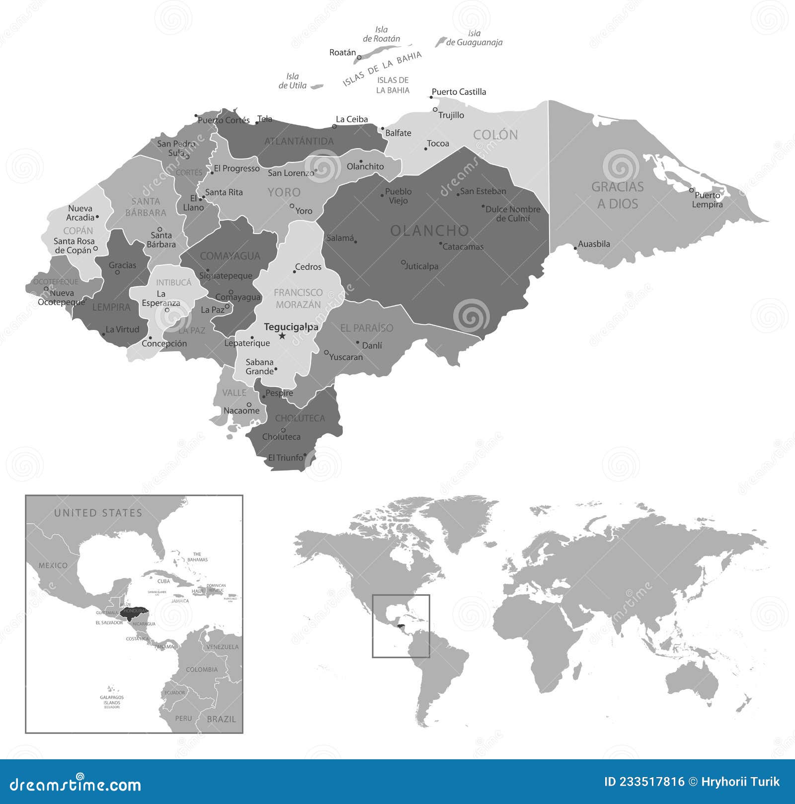 The Detailed Map Of Honduras With Regions Or States And Cities, Capital ...