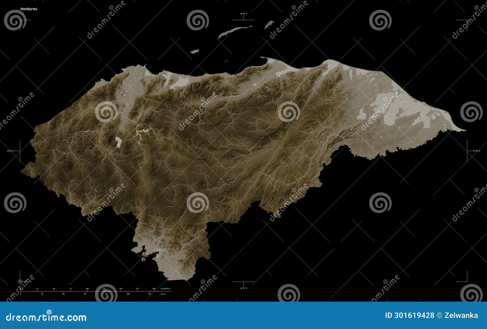 Honduras Shape on Black. Sepia Stock Illustration - Illustration of ...