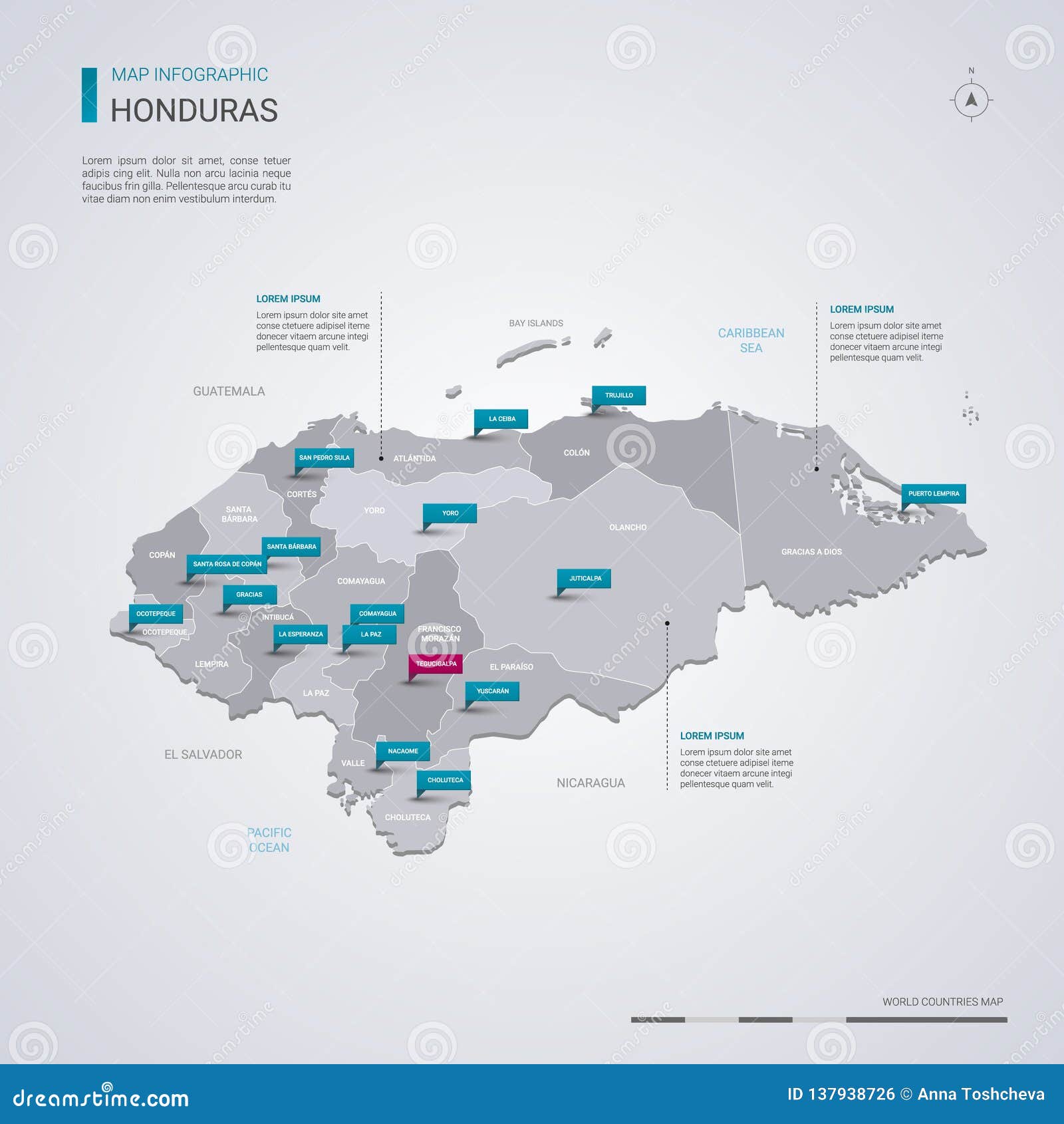 Honduras Vector Map with Infographic Elements, Pointer Marks Stock ...
