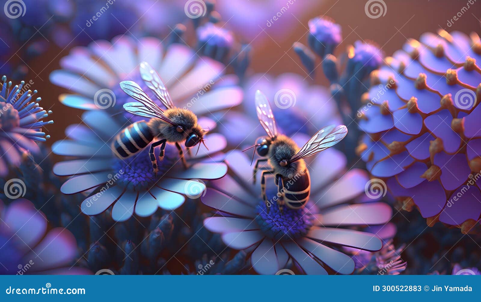 Honey Bee on a Blue Flower. 3d Render Illustration Stock Illustration - Illustration of word ...