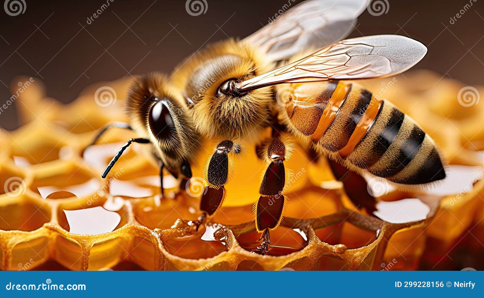 Honey bee on honey comb stock photo. Image of pollination - 299228156