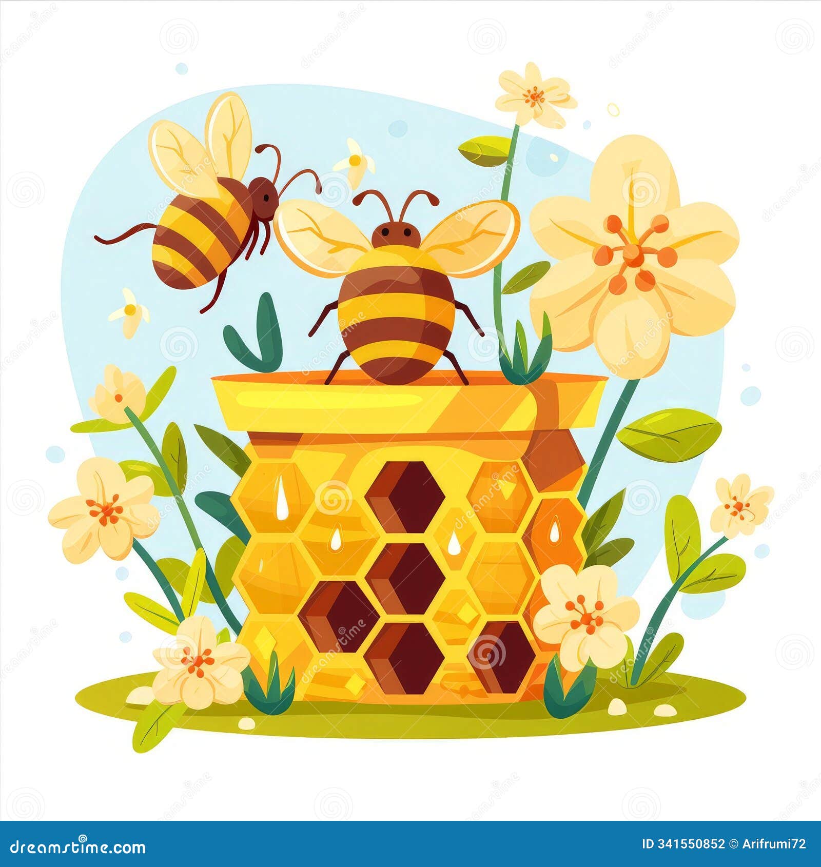 Beehive Cartoon Illustration, Yellow Cartoon Honey Bee Hive. A Beehive ...