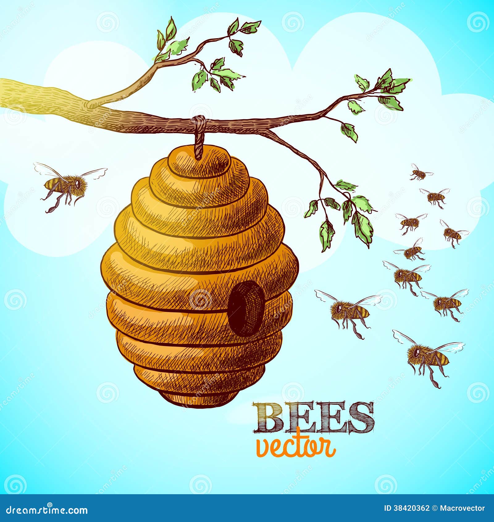 Honey Bees and Hive on Tree Branch Background Stock Vector ... Honey Bees and Hive on Tree Branch Background Stock Vector ...