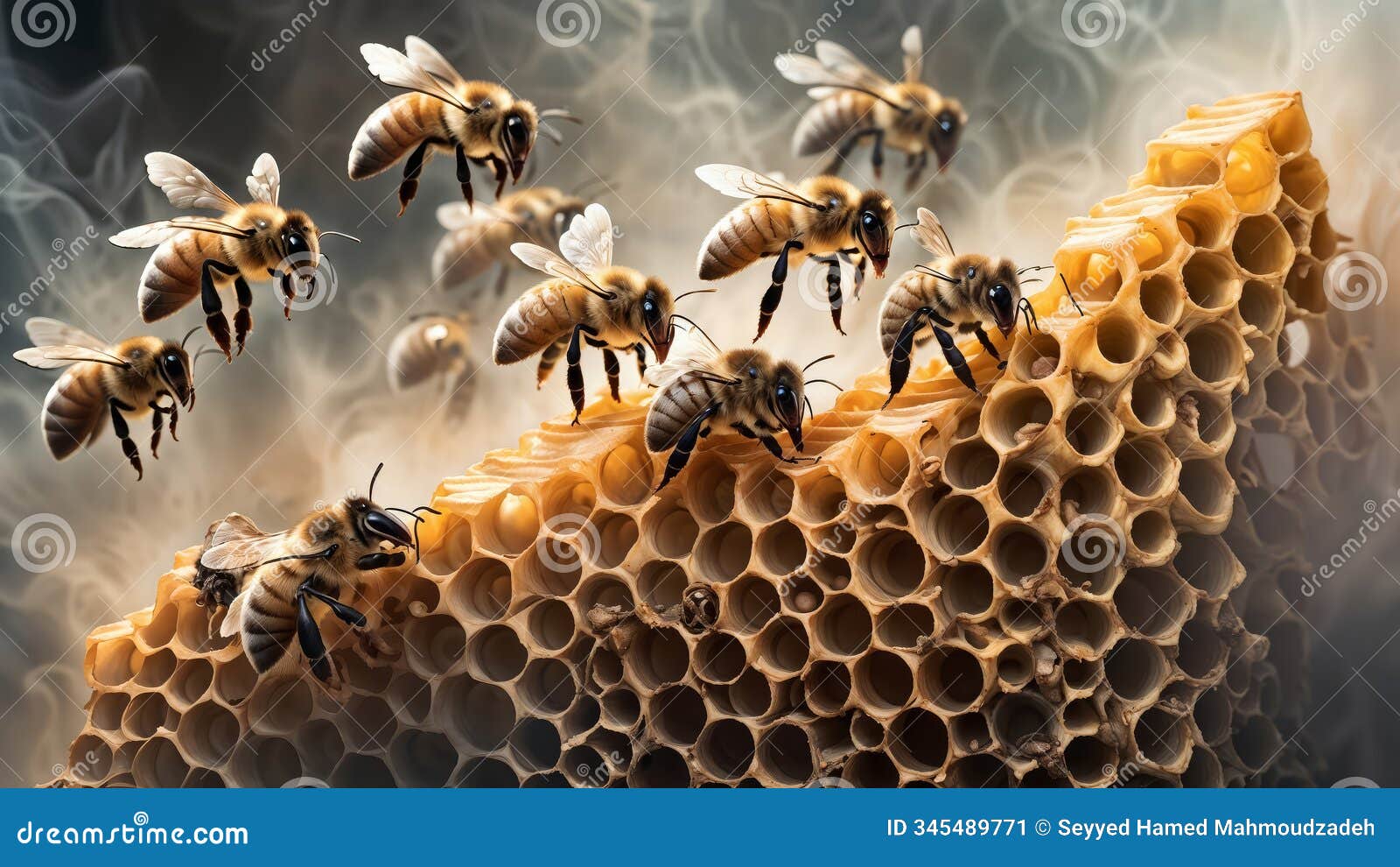 Honey Bees Pollinating Near a Hive with Honeycomb Structure Stock ...