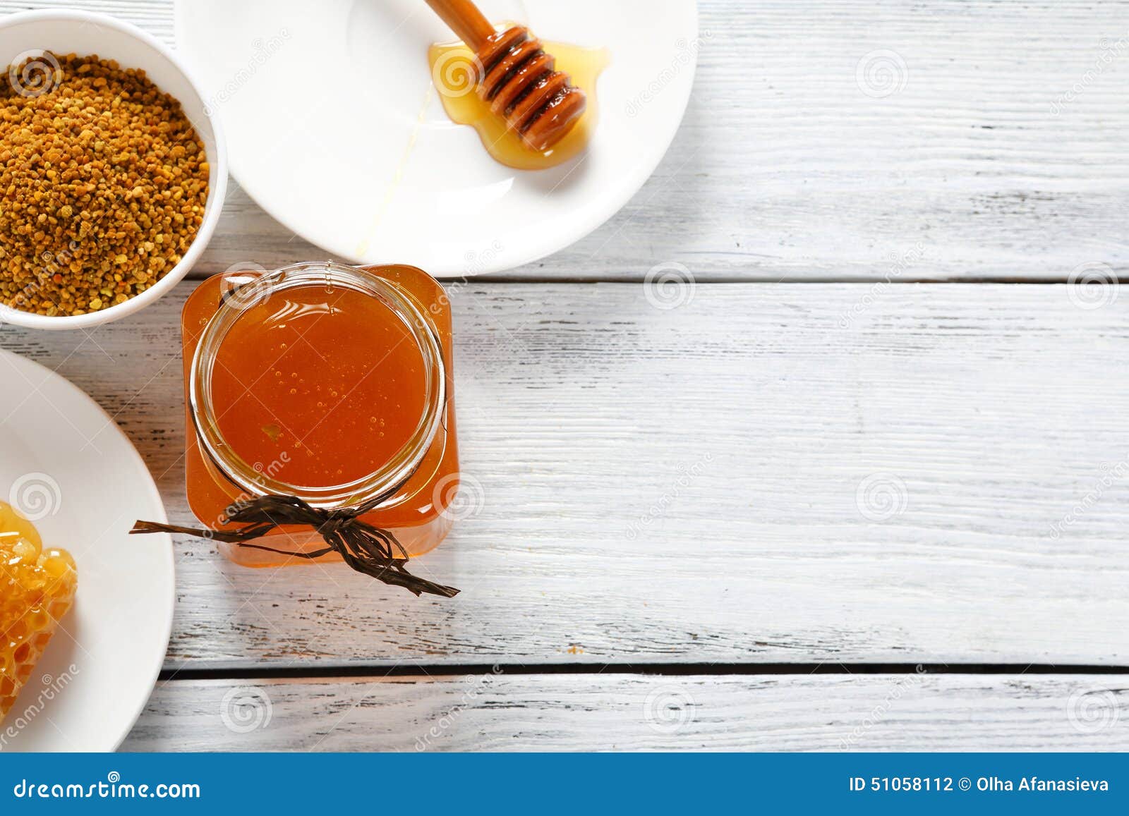 Honey, Comb of Honey and Pollen on the Boards Stock Photo - Image of ...