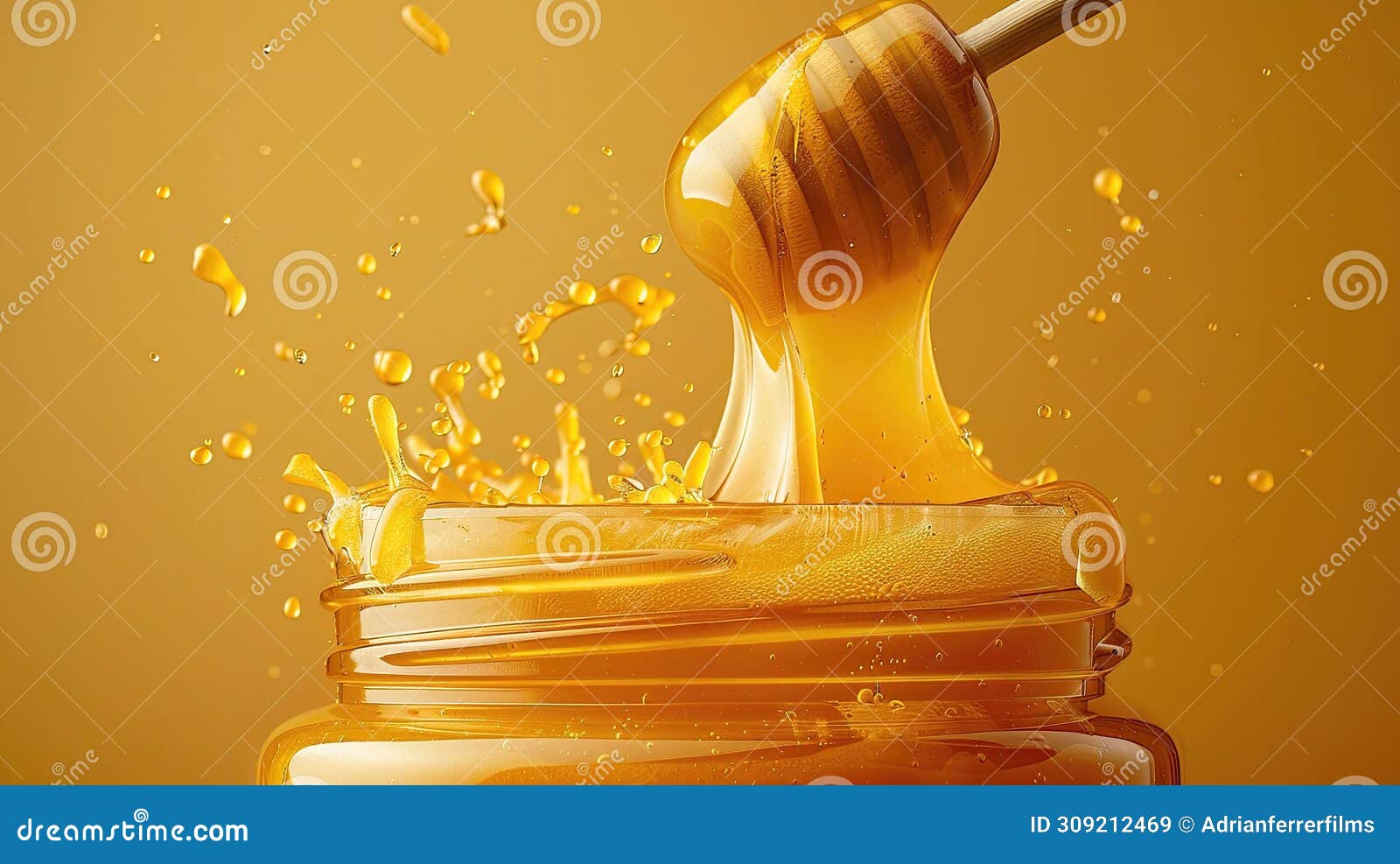 Honey Dripping from Dipper with Dynamic Splashes Against Yellow. Stock ...