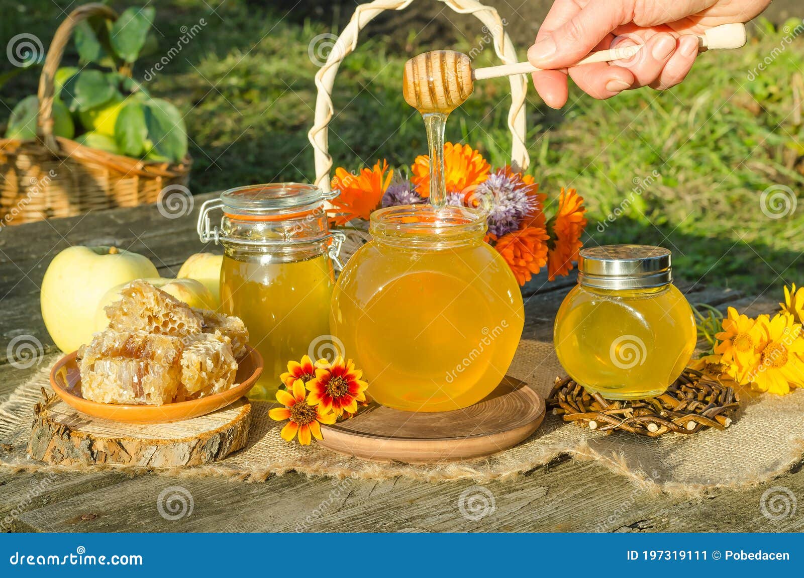 Honey Dripping into a Jar on a Table in the Sunlight Stock Image ...